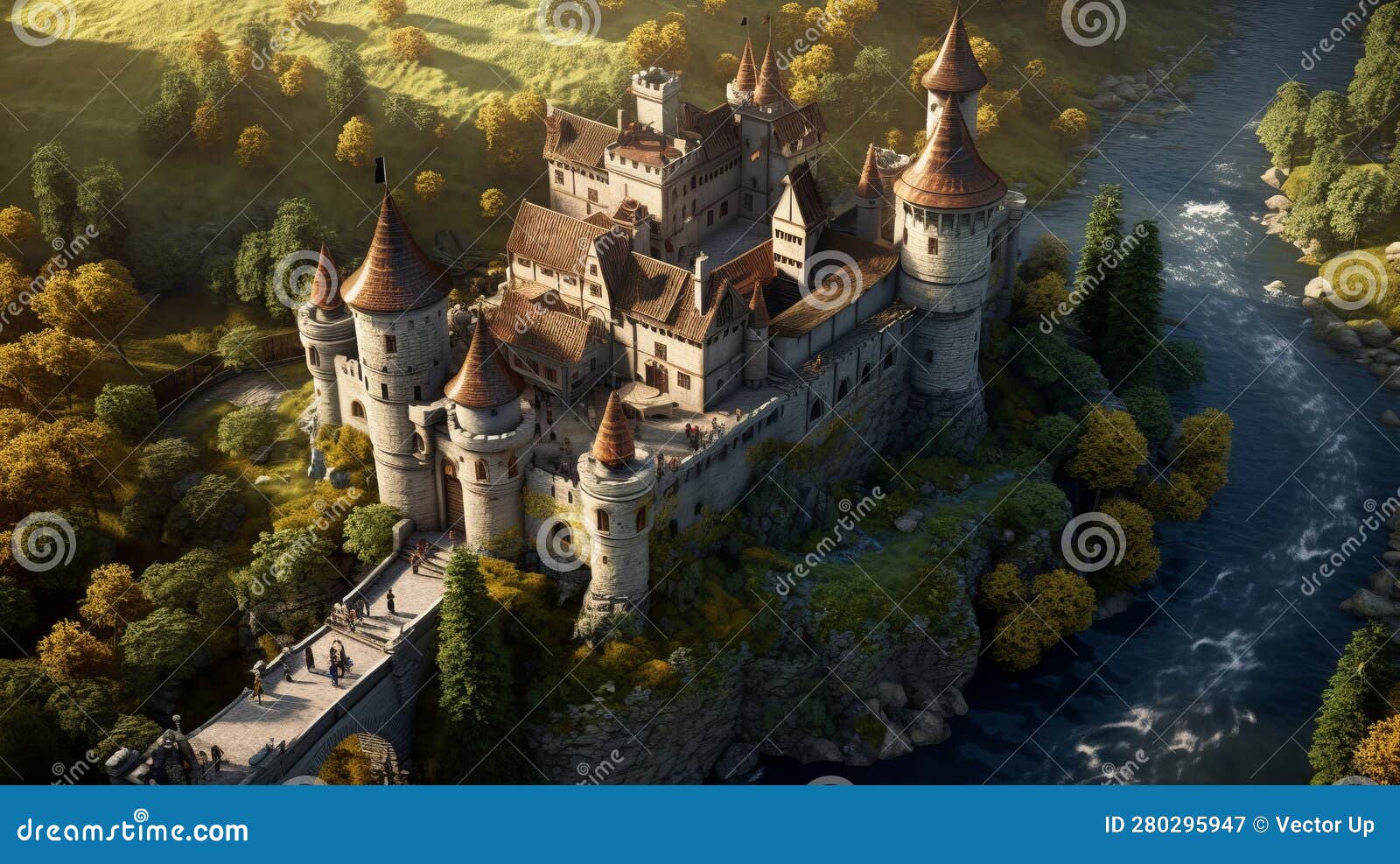 Castle by the River View from Above. Generative AI Stock Illustration ...