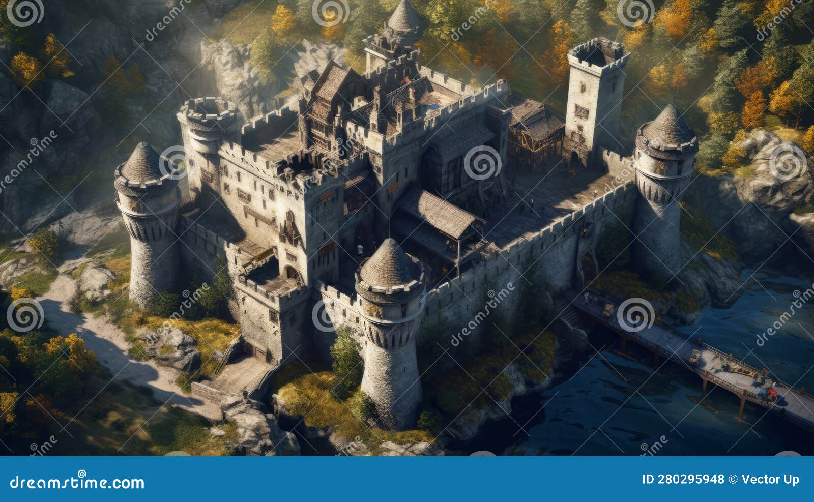 Castle by the River View from Above. Generative AI Stock Illustration ...