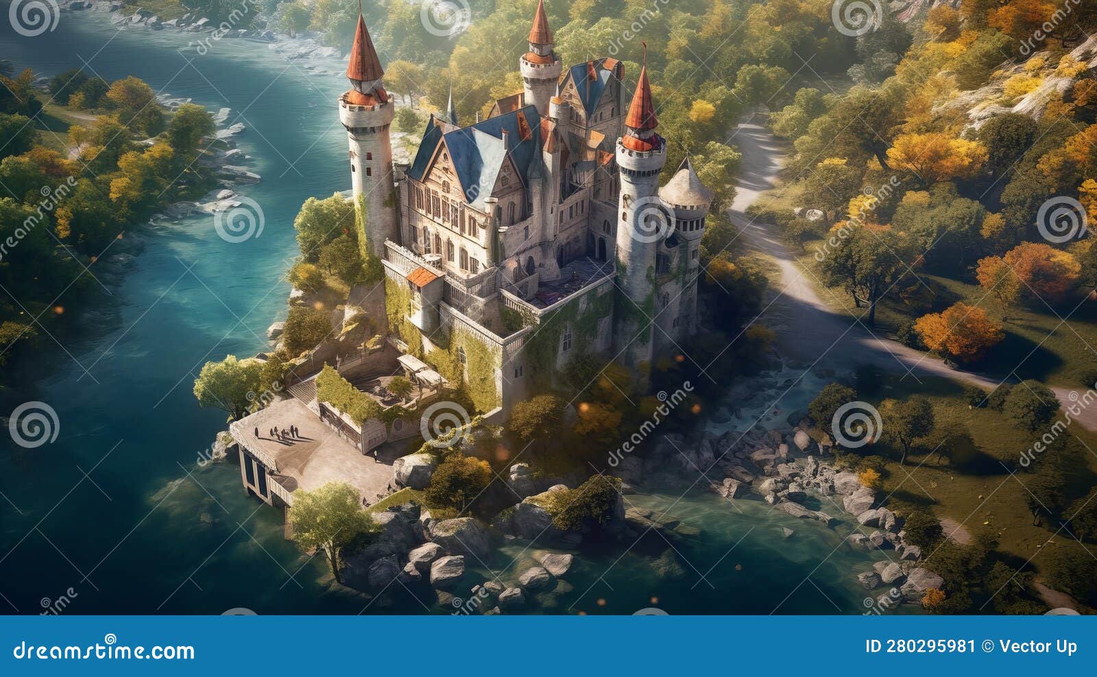 Castle by the River View from Above. Generative AI Stock Illustration ...
