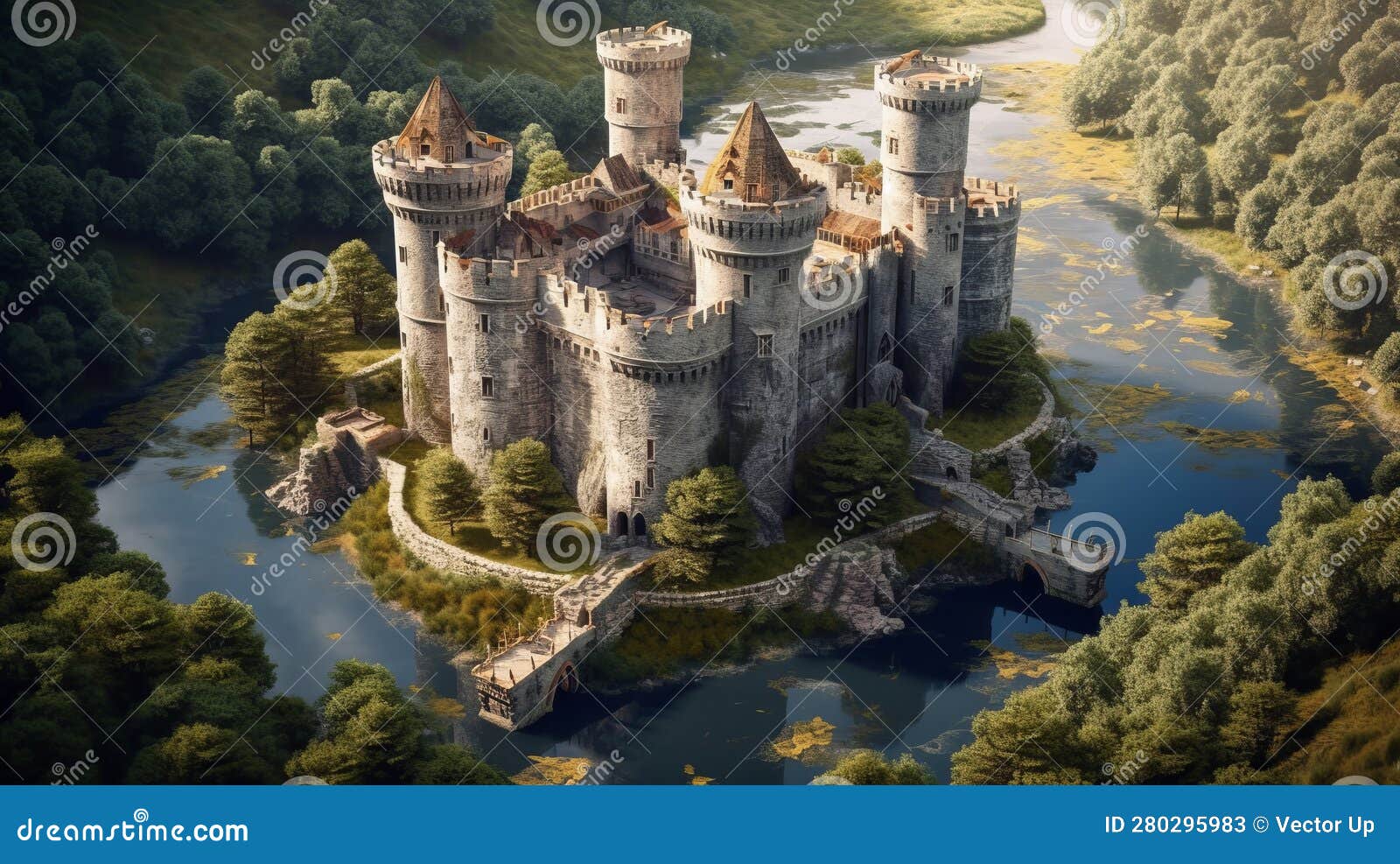 Castle by the River View from Above. Generative AI Stock Illustration ...