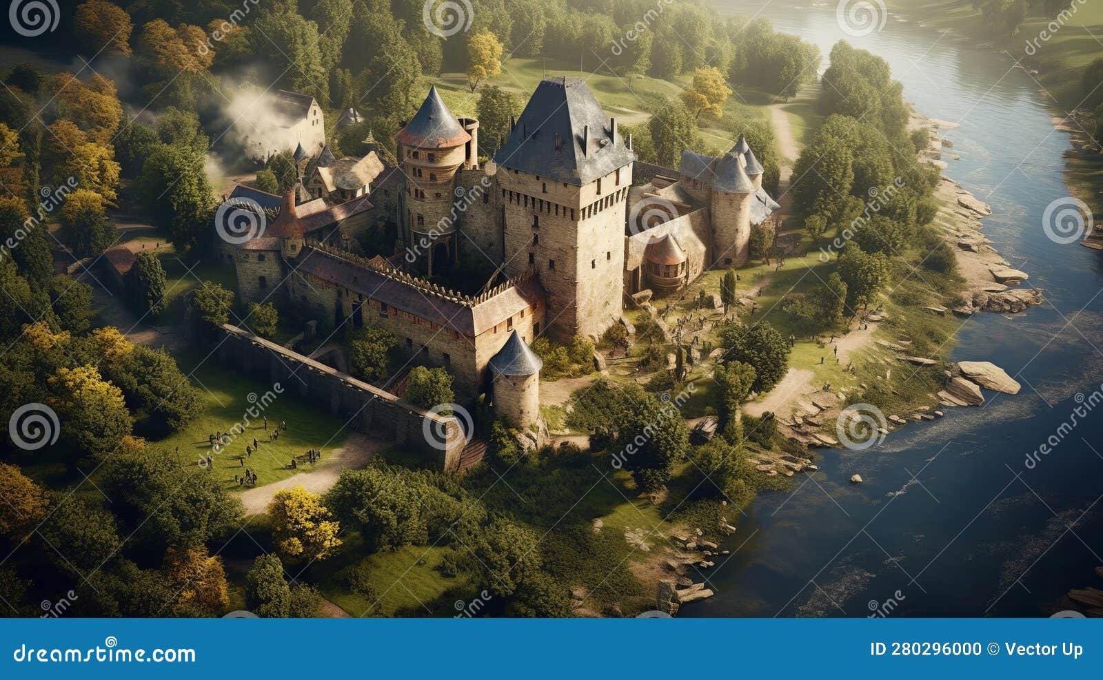 Castle by the River View from Above. Generative AI Stock Illustration ...