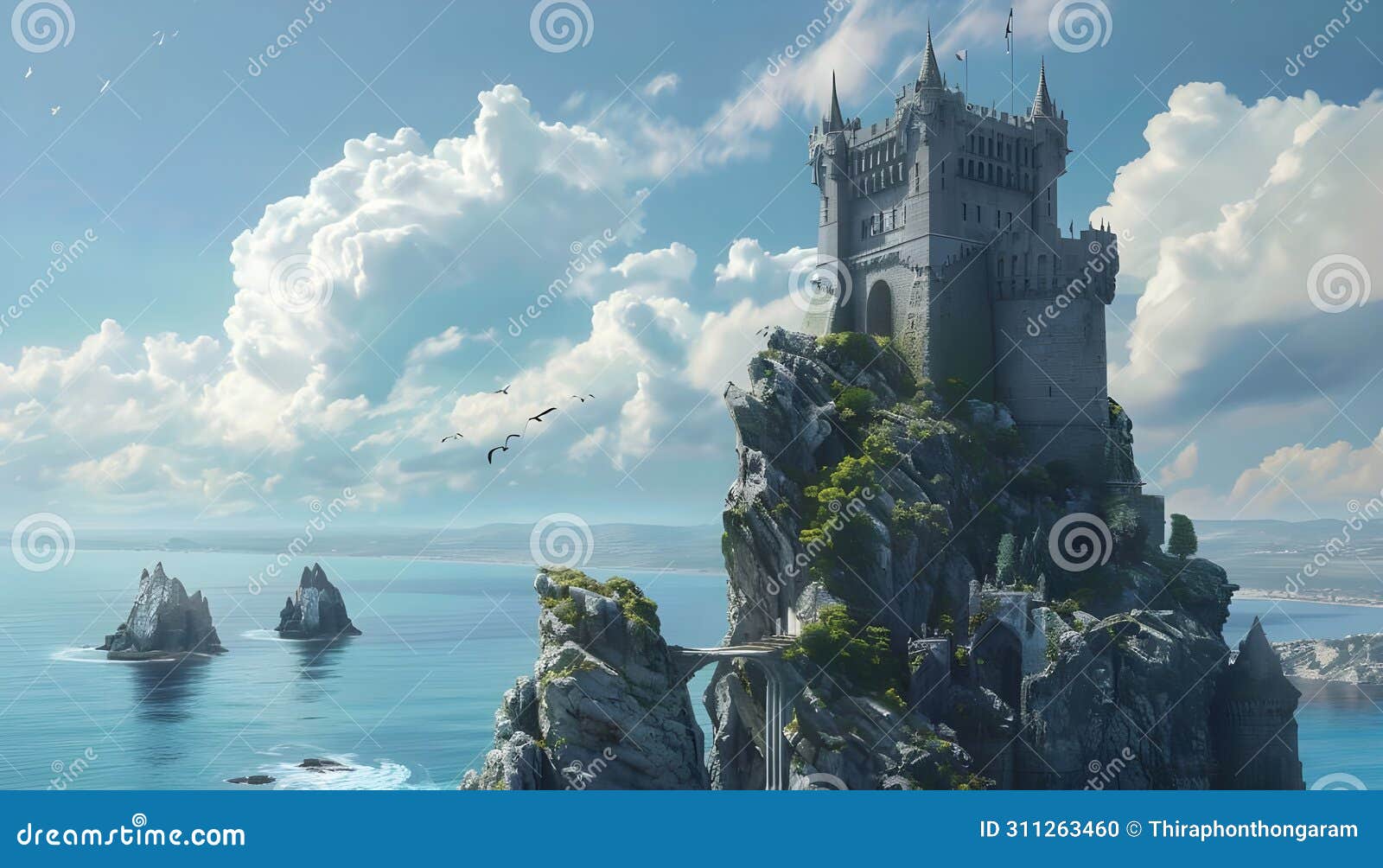 Castle on a Rocky Sea Stack Stock Illustration - Illustration of ...