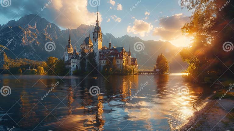 Castle Silhouette Backlit by Setting Sun with Dramatic Lighting ...