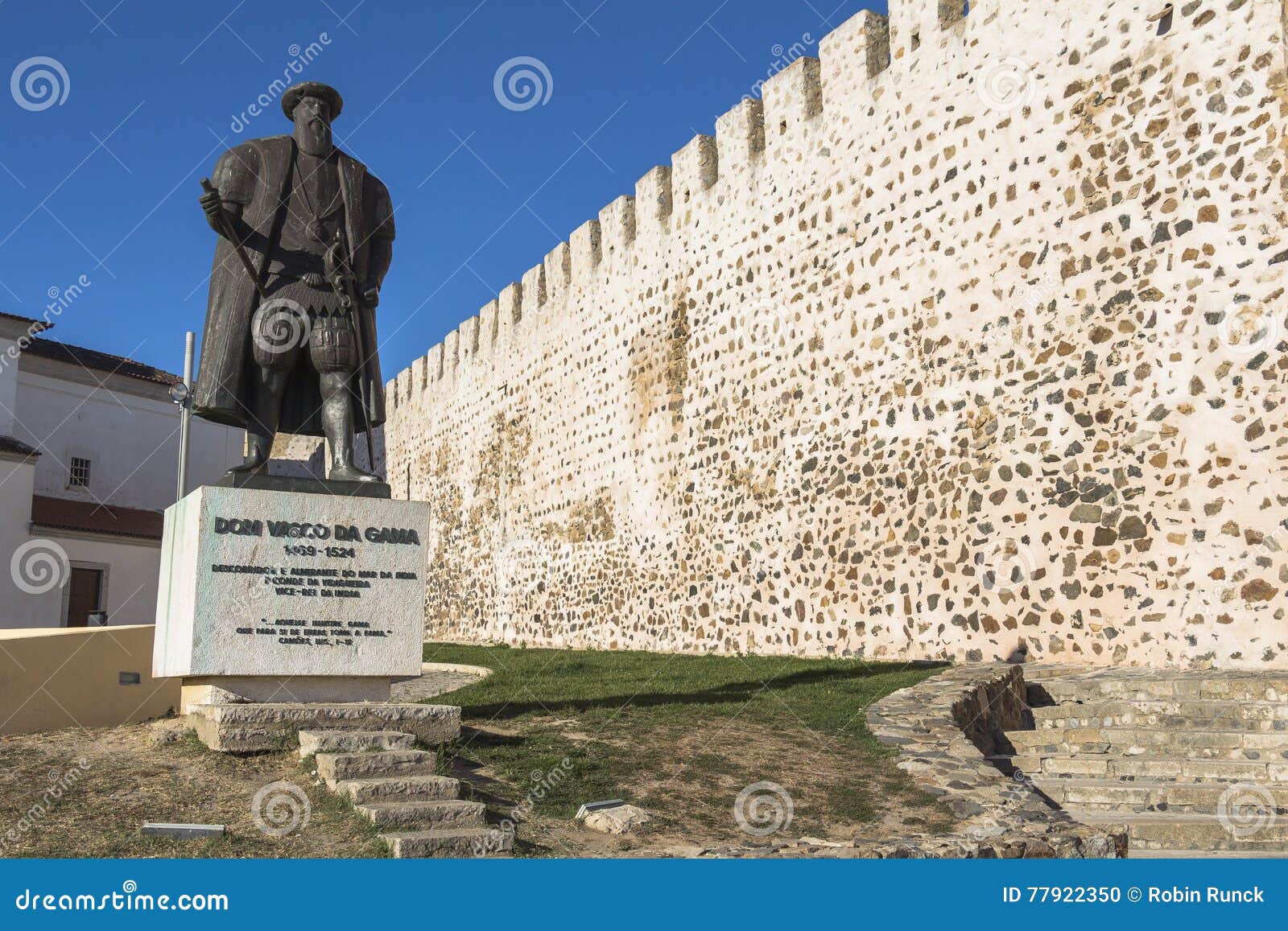 At the Castle of Sines with Statue in Foreground, Portugal Stock Photo ...