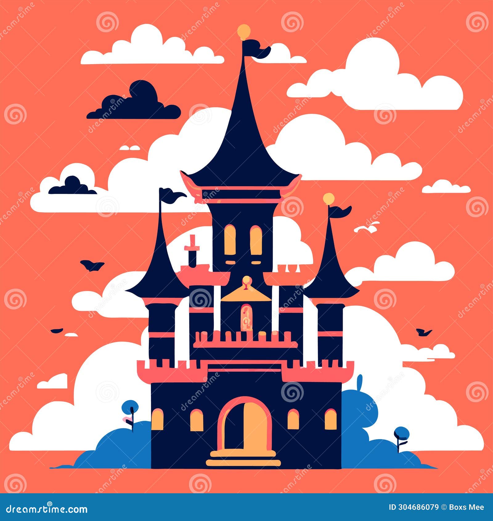 Castle in the Sky and Clouds. Vector Illustration in Flat Style AI ...