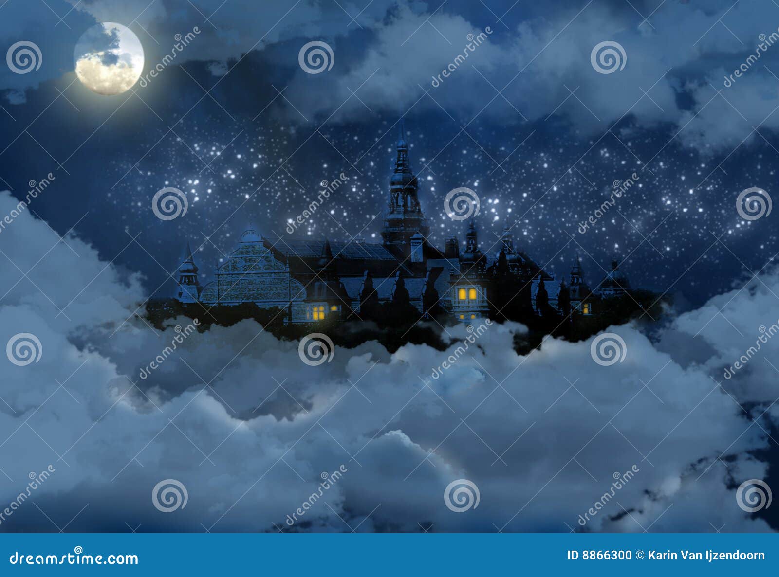 Castle in the sky at night stock illustration. Illustration of light ...