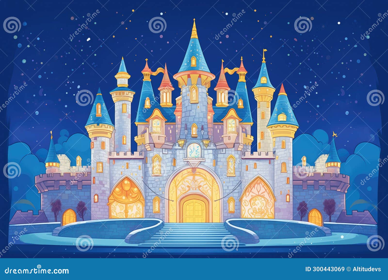 Castle with Stained Glass Windows Glowing at Night Stock Illustration ...