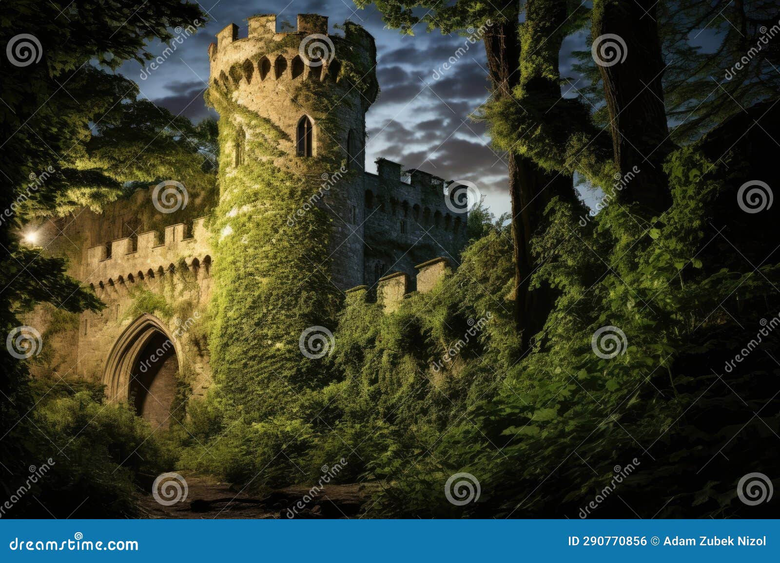 A Castle with a Stone Tower and a Gate Surrounded by Trees Stock ...