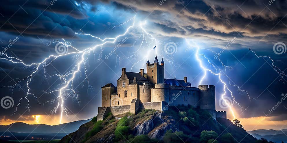 A Castle in a Storm with Lightning in the Sky Generative AI Stock ...