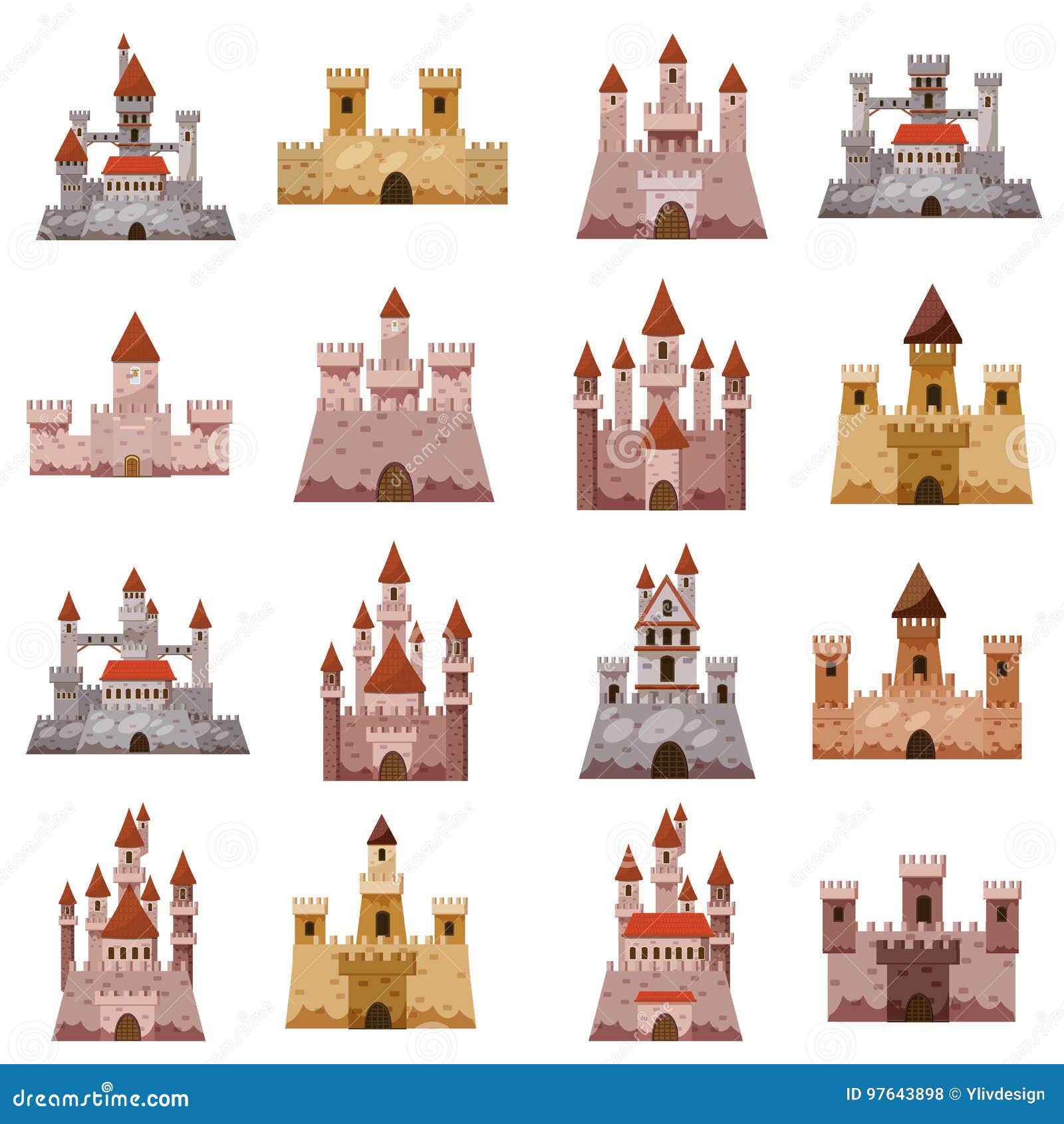 Castle Tower Icons Set, Cartoon Style Stock Vector - Illustration of ...