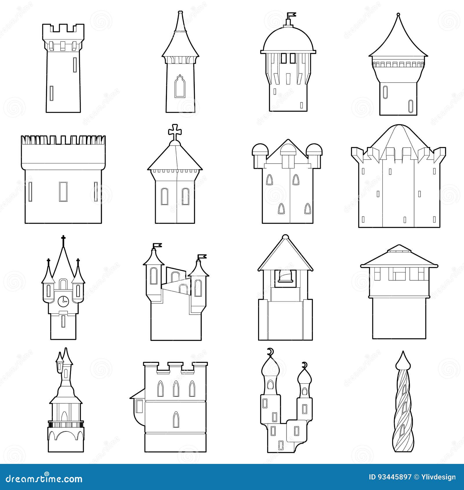 Castle Tower Icons Set Color, Outline Style Stock Vector - Illustration ...