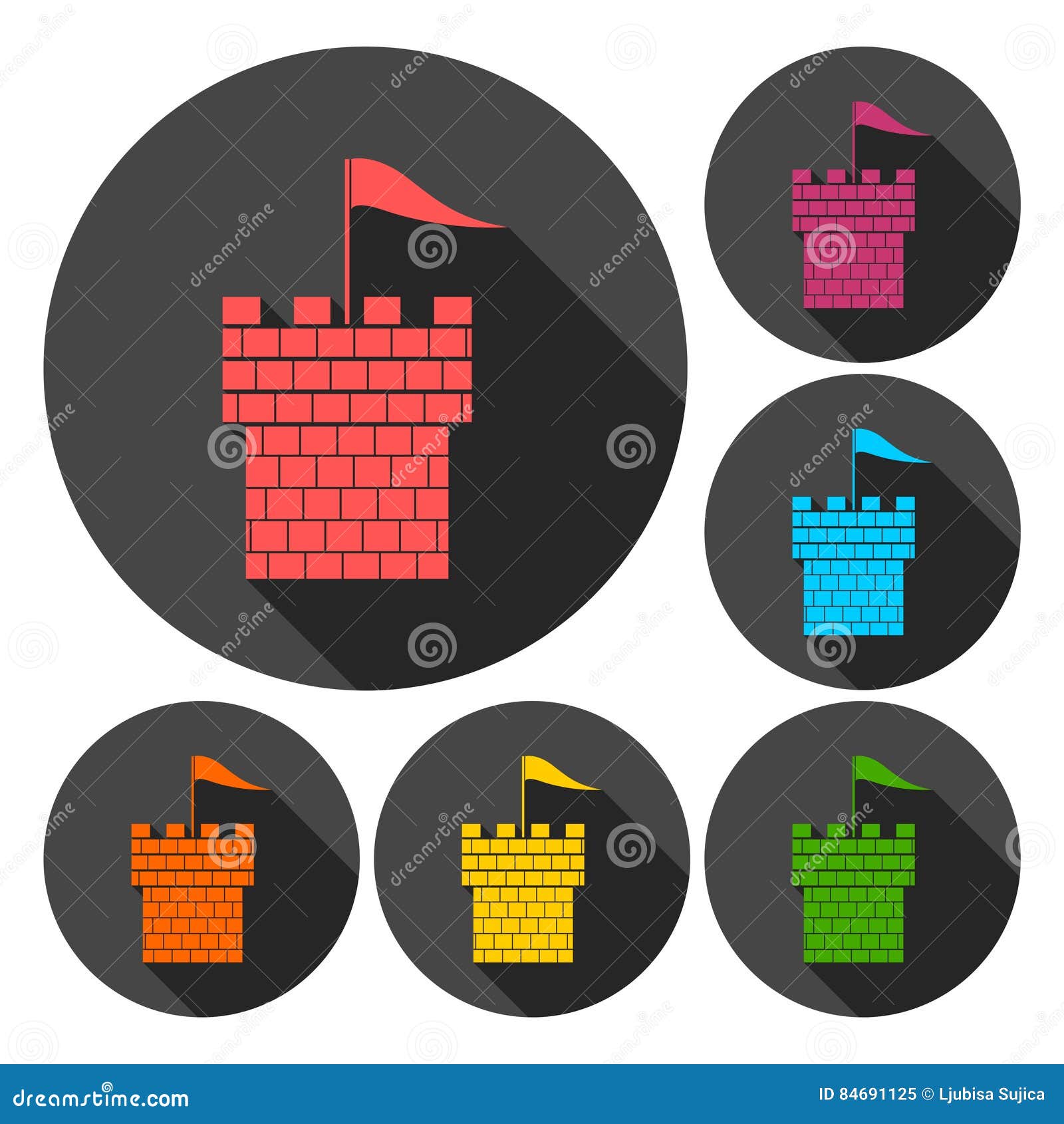 Castle Tower Icons Set with Long Shadow Stock Vector - Illustration of ...