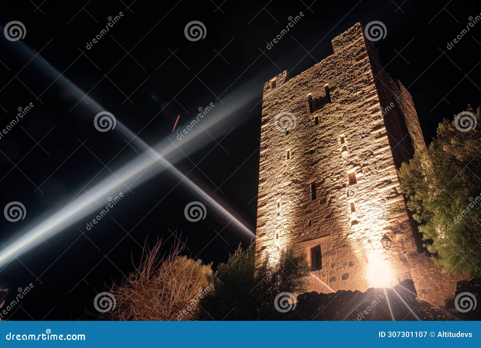Castle Tower Lit Up with Powerful Beam Lights Stock Image - Image of ...
