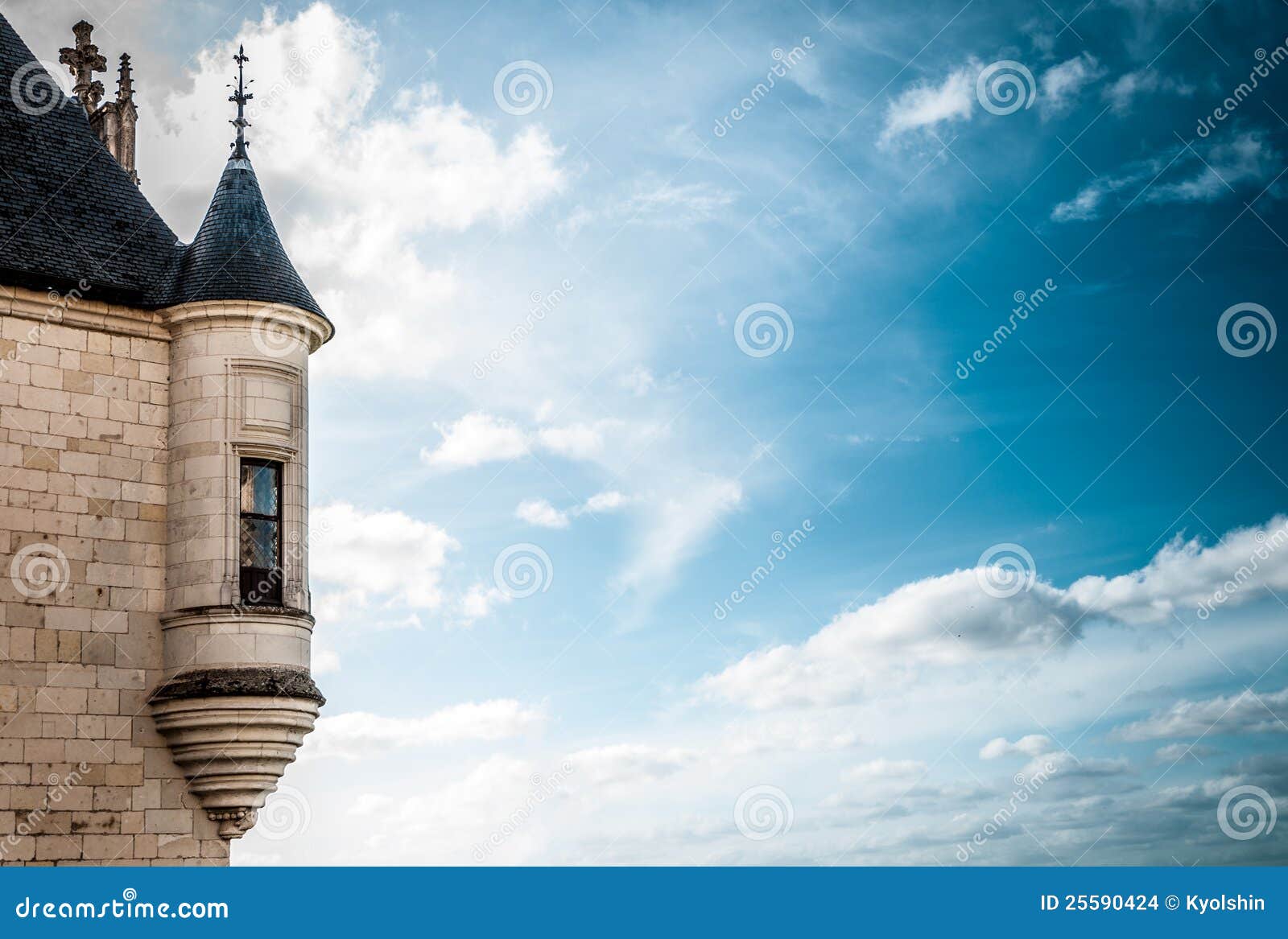 Castle Tower with Window Against Dark Blue Sky. Stock Photo - Image of ...