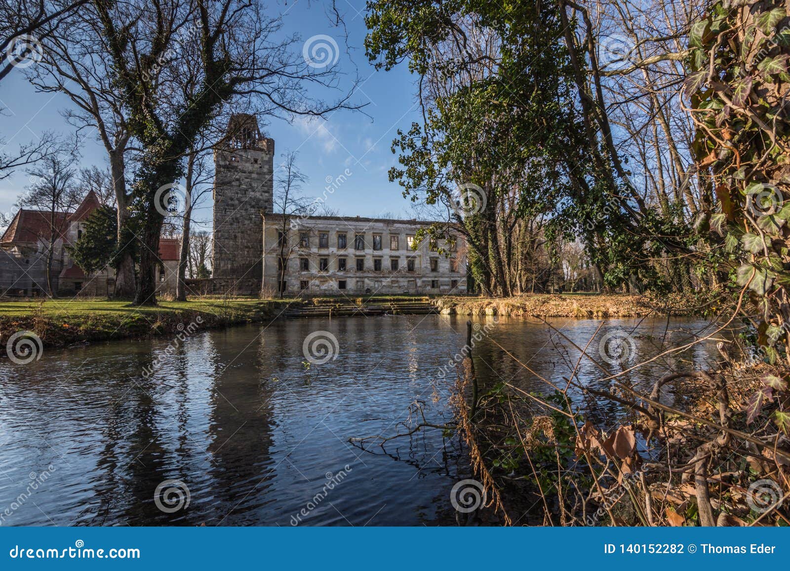 Castle with Trees and Stream in Autumn Stock Photo - Image of ...