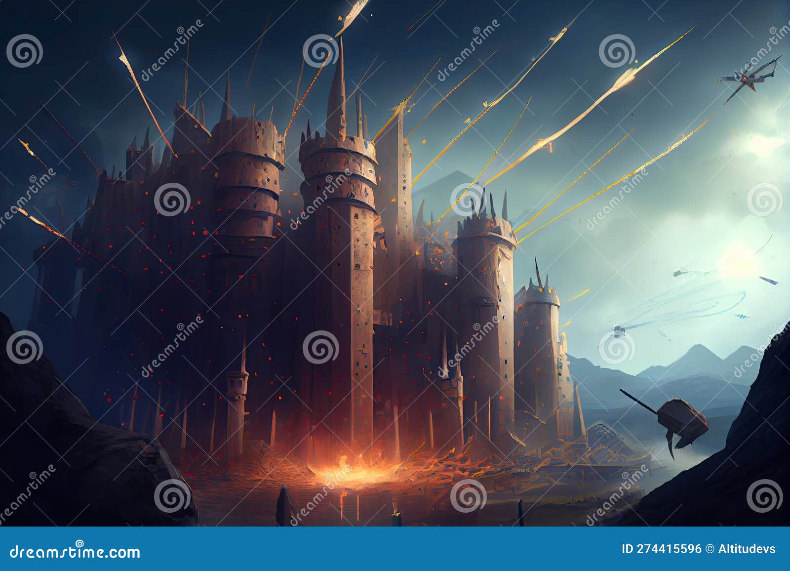 Castle Under Siege, with Barrage of Arrows and Other Projectiles ...