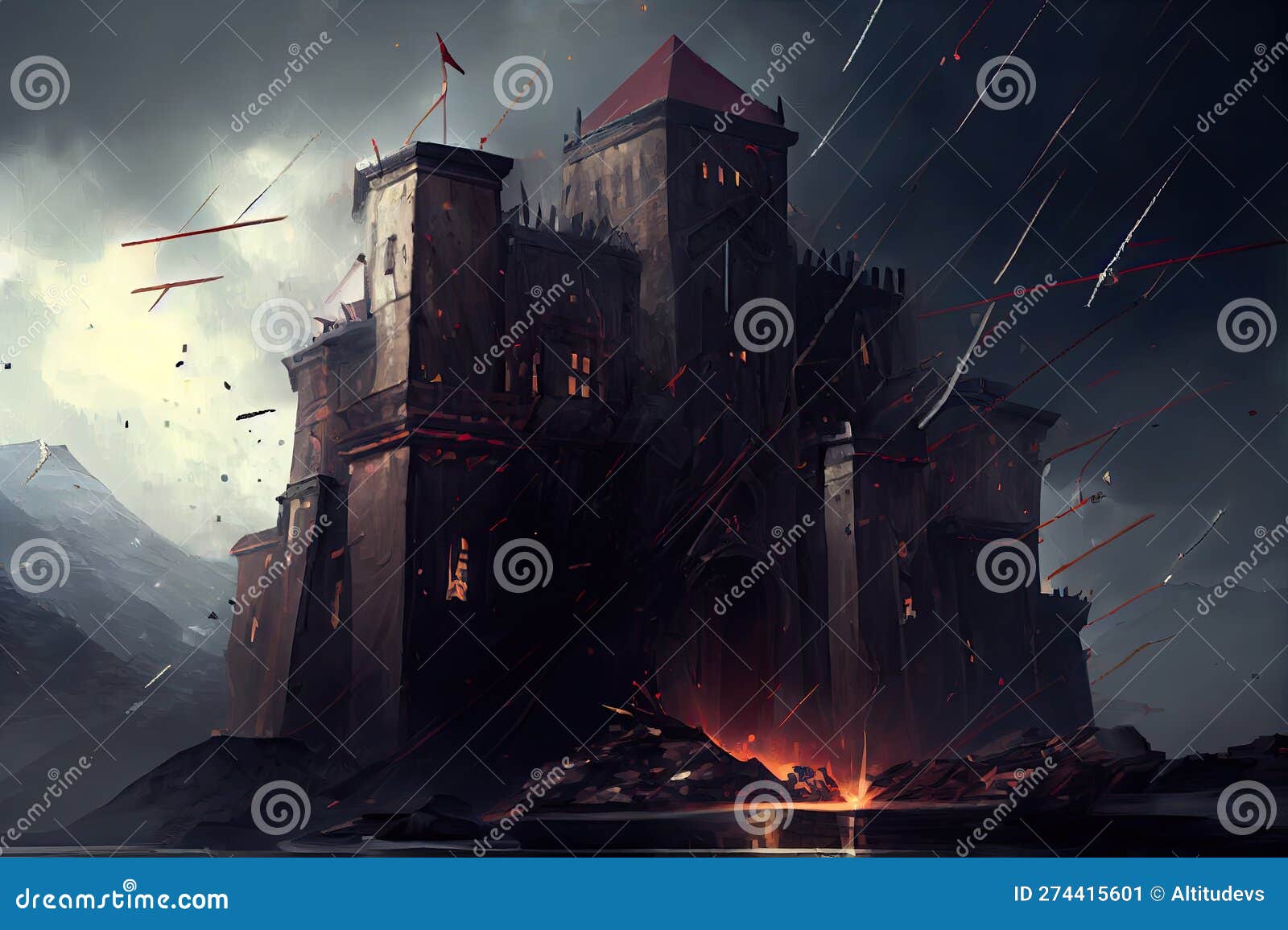 Castle Under Siege, with Barrage of Arrows and Other Projectiles ...