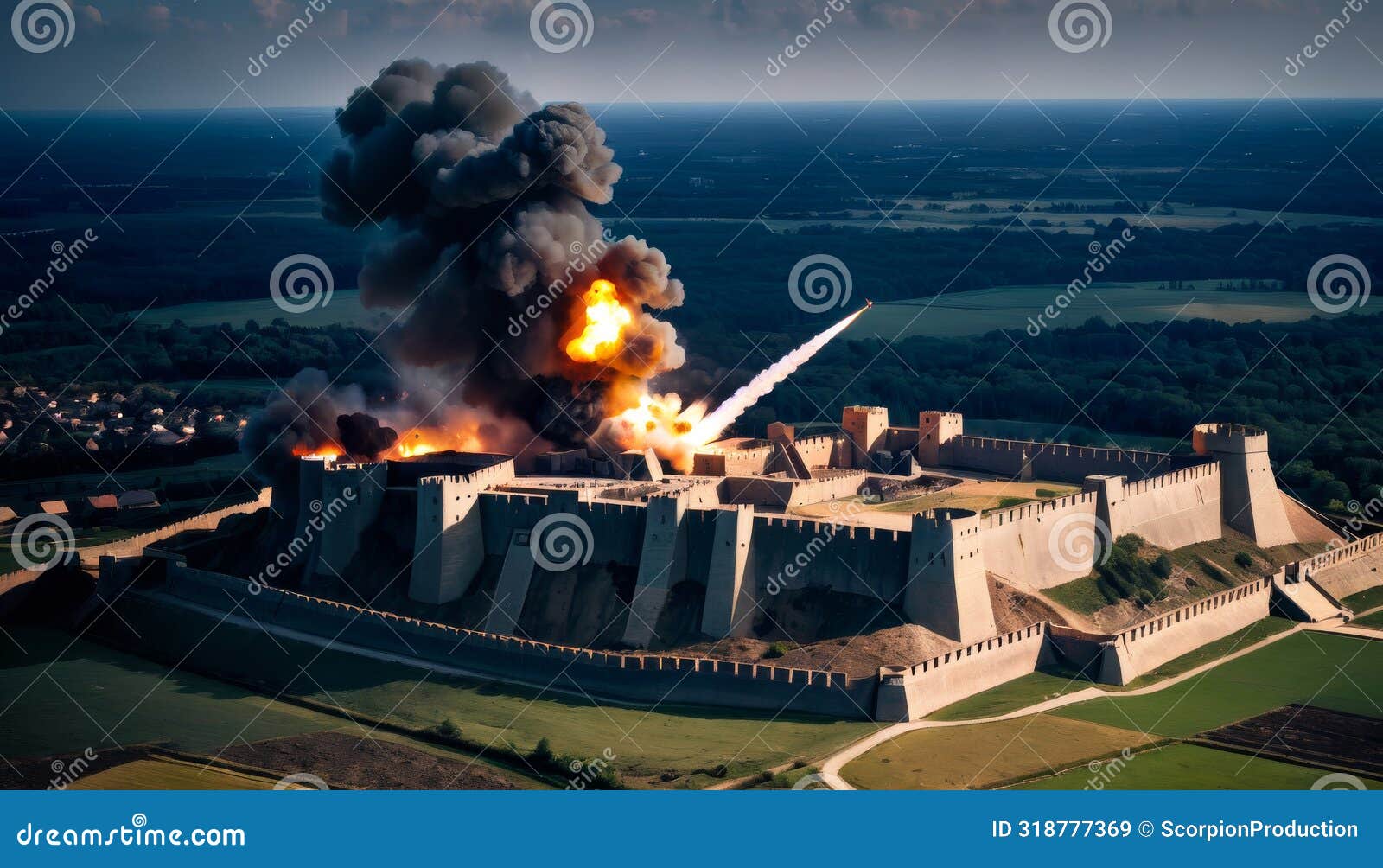 Castle Under Siege Explosion Stock Image - Image of burning, explosion ...