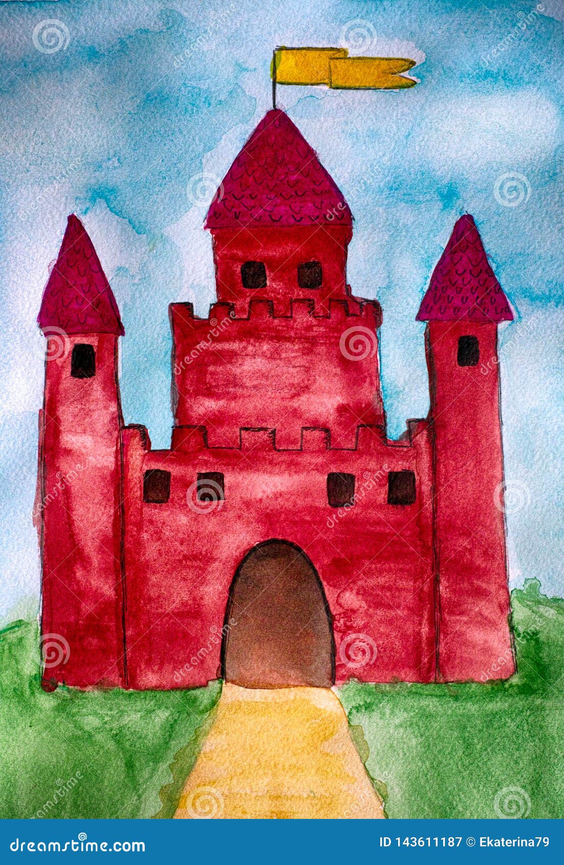 Castle. Watercolour Child Hand Drawing Stock Image - Image of colorful ...