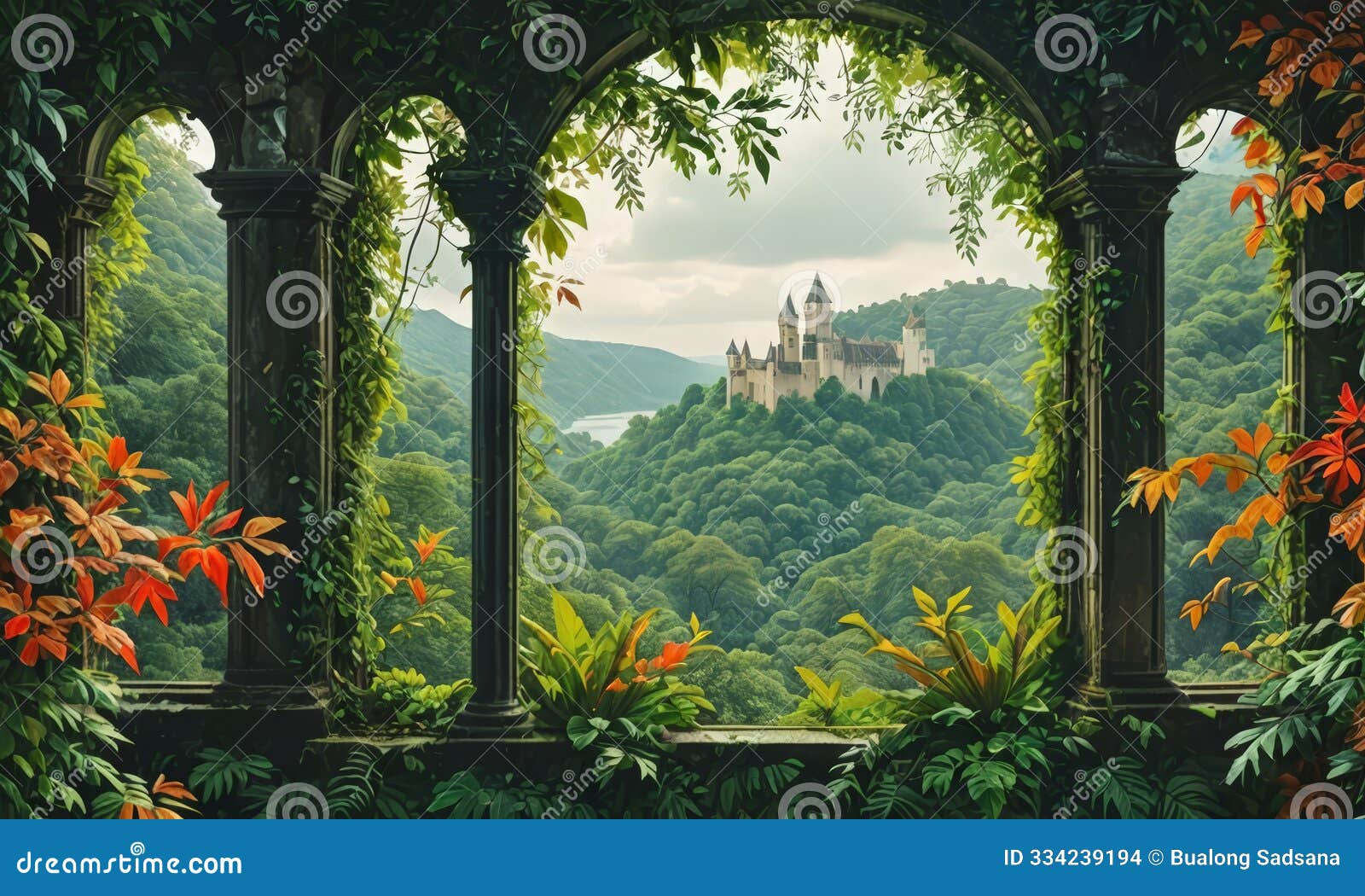 Castle through Window with View Trees Stock Illustration - Illustration ...