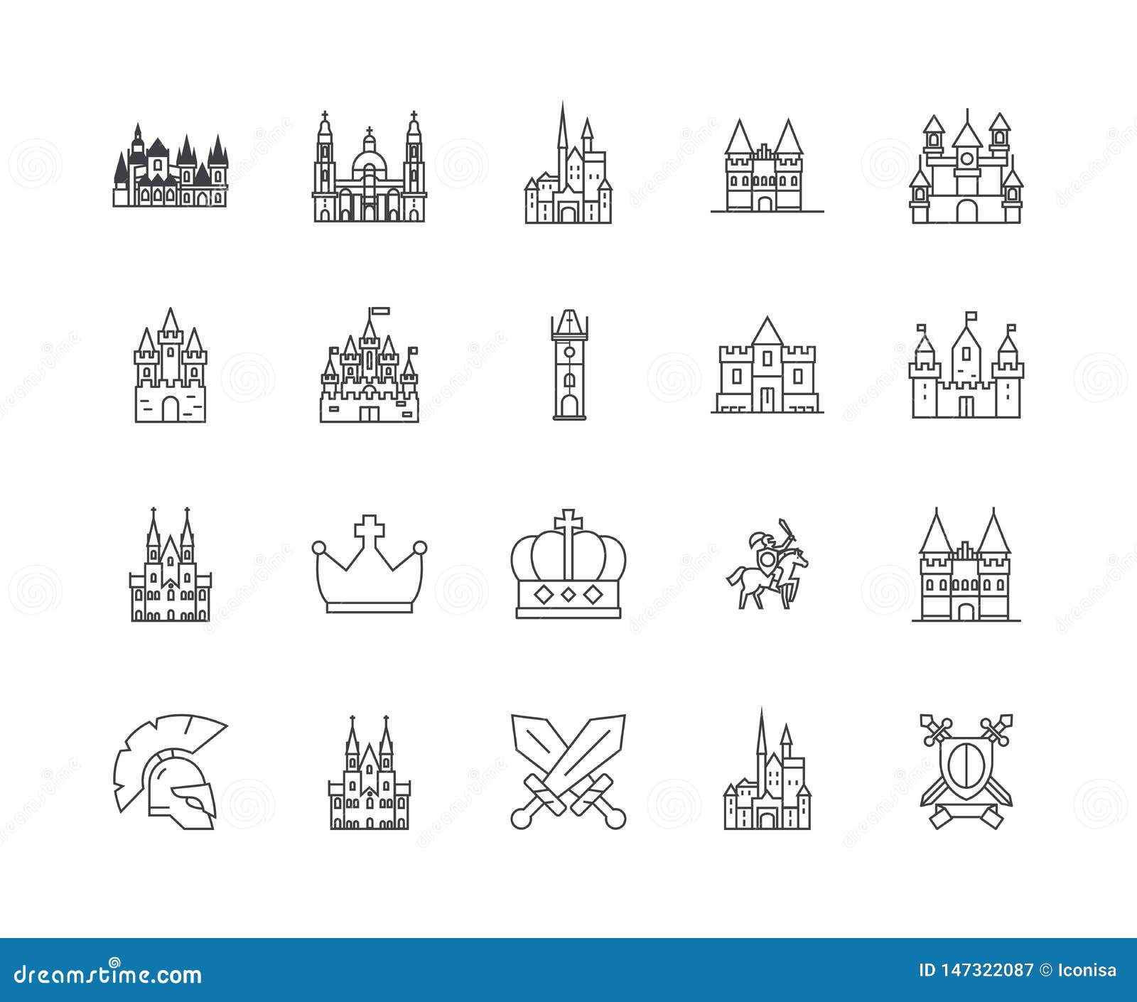 Castles Line Icons Collection. Fortress, Palace, Keep, Moat, Turret ...