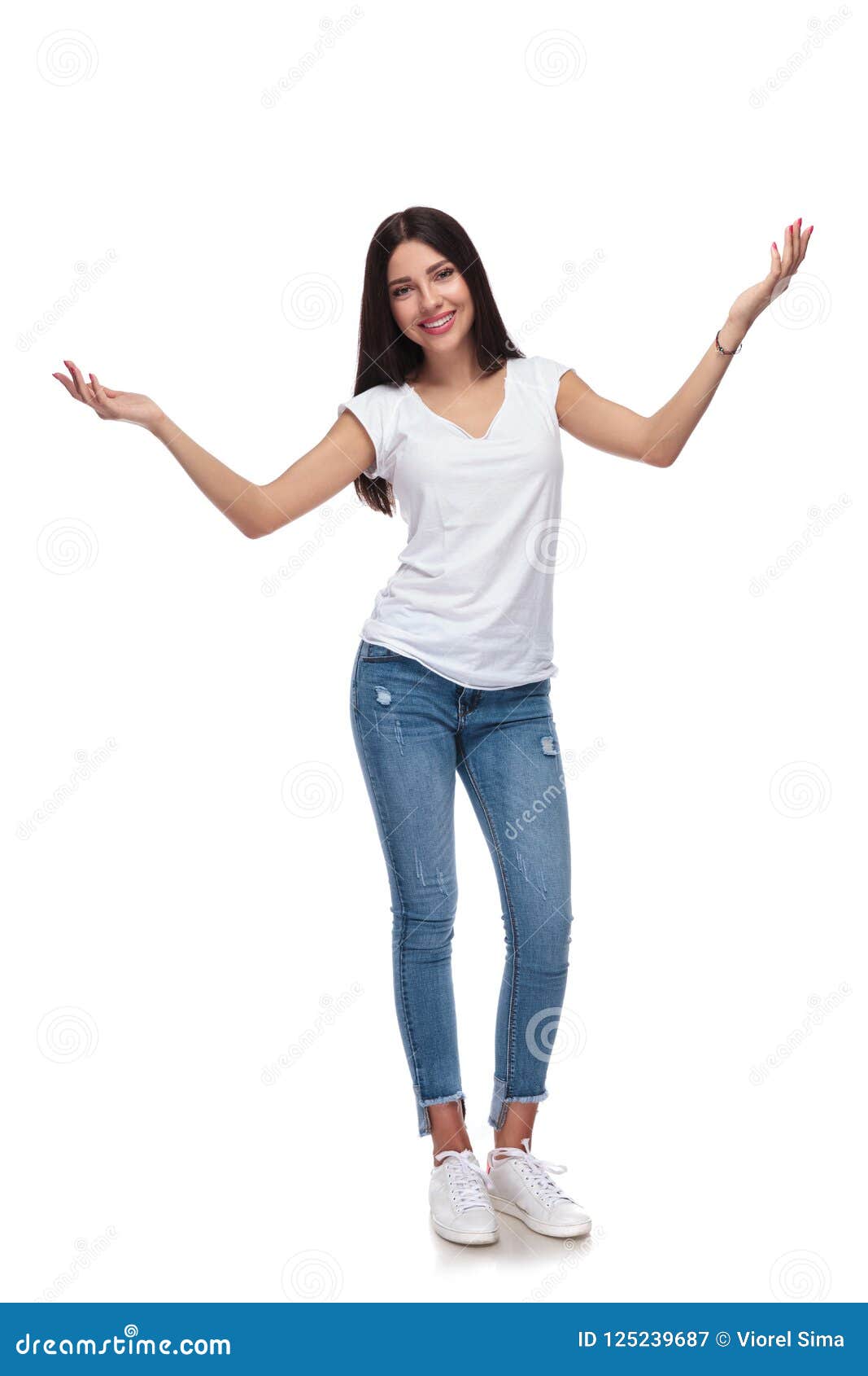 Casual Brunette Woman Standing and Raising Her Hands Stock Image ... Casual Brunette Woman Standing and Raising Her Hands Stock Image ...