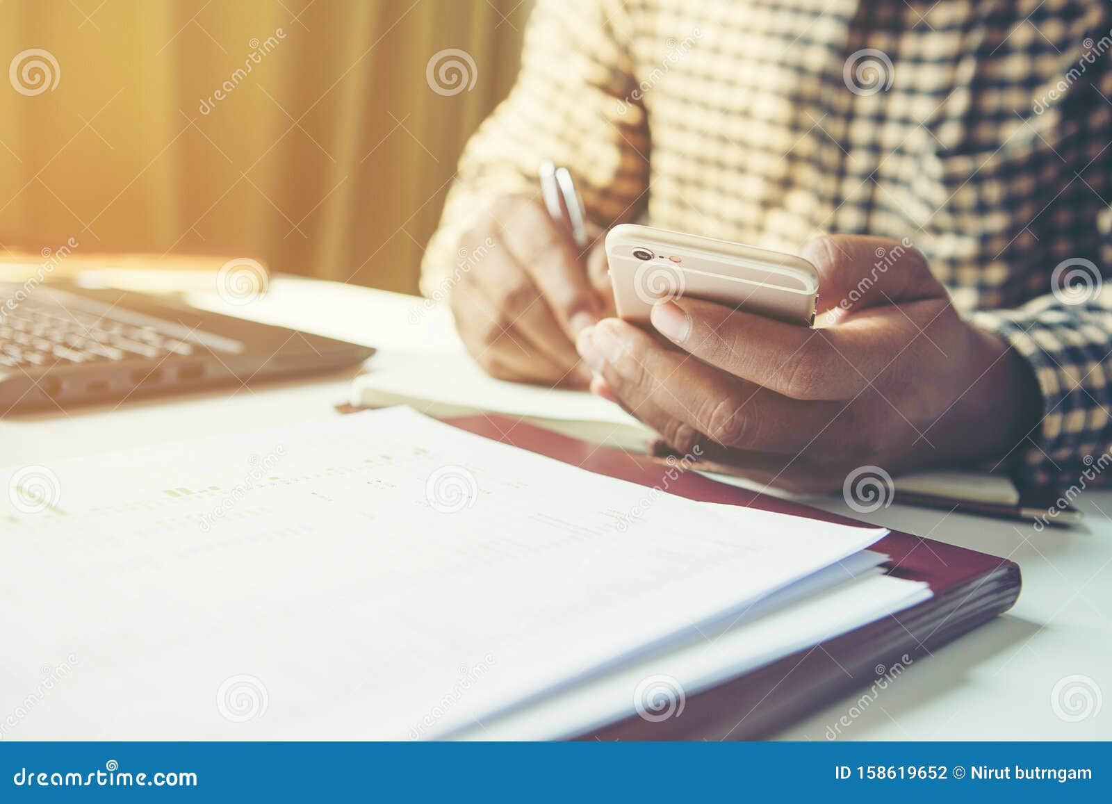 Casual Business Man Using Mobile Smart Phone Working, Taking Note ...