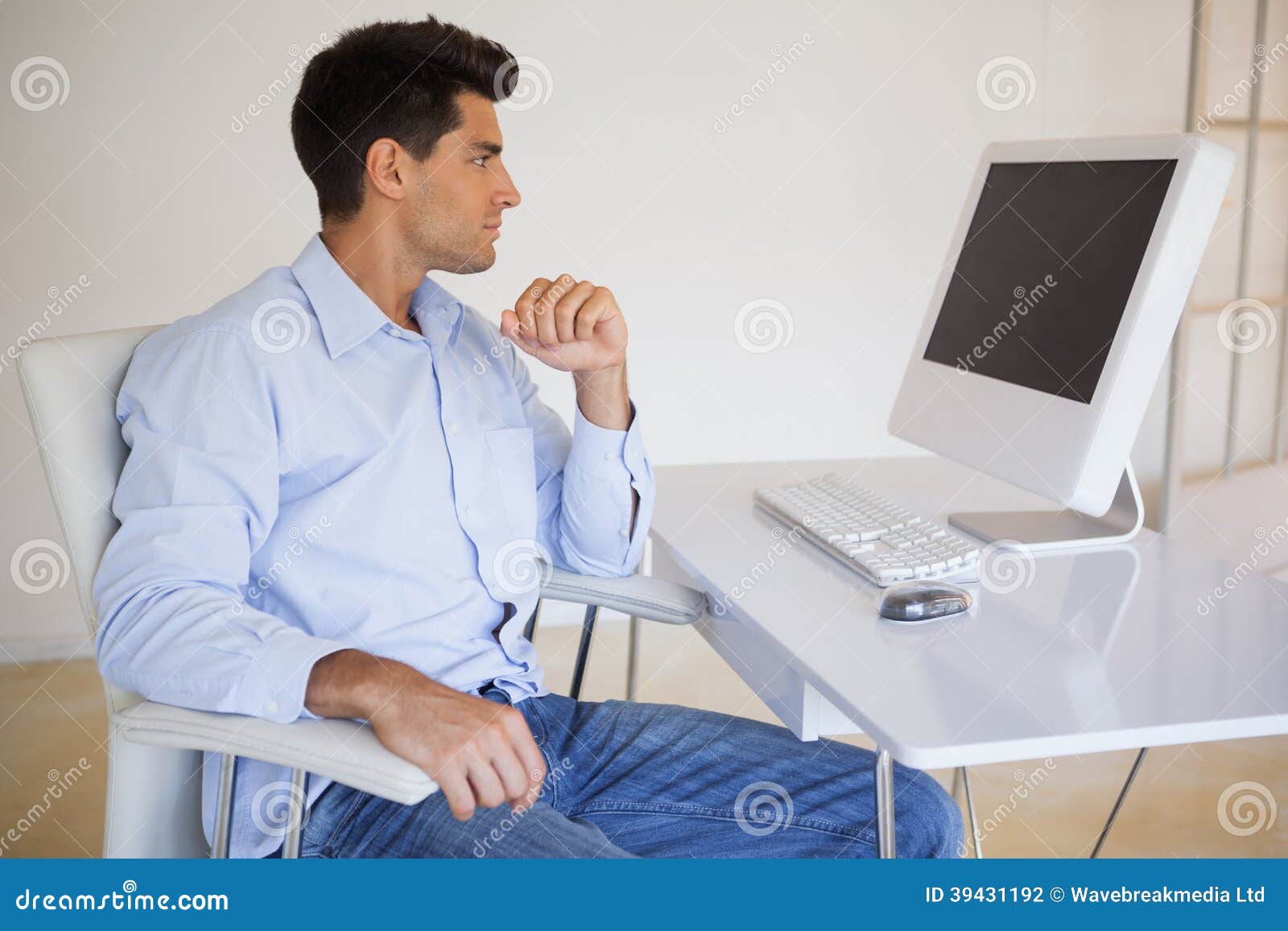 Casual Businessman Looking at Computer Screen Stock Photo - Image of ...