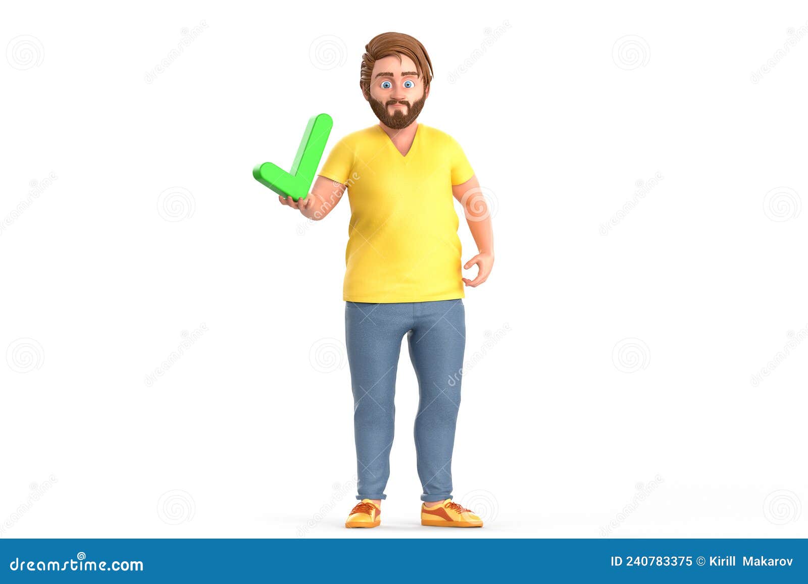 Casual Dressed Man Holding Green Check Mark. Isolated on White ...