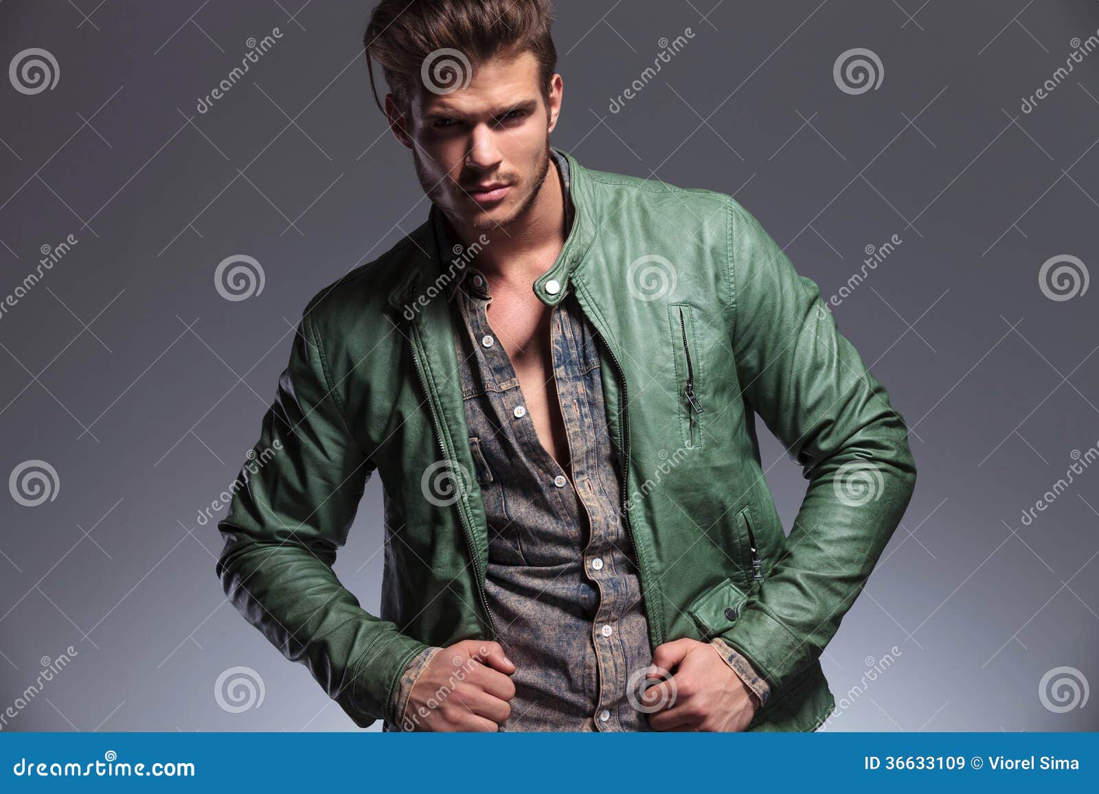 Casual Fashion Man Pulling His Leather Jacket Stock Image ...
