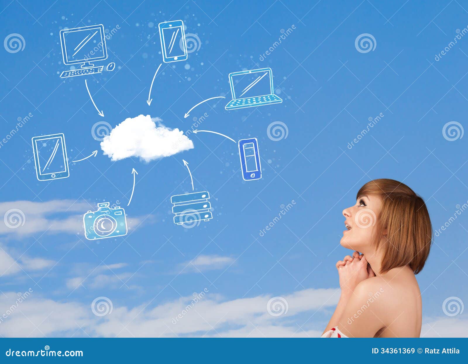 Casual Girl Looking at Cloud Computing Concept on Blue Sky Stock Image ...