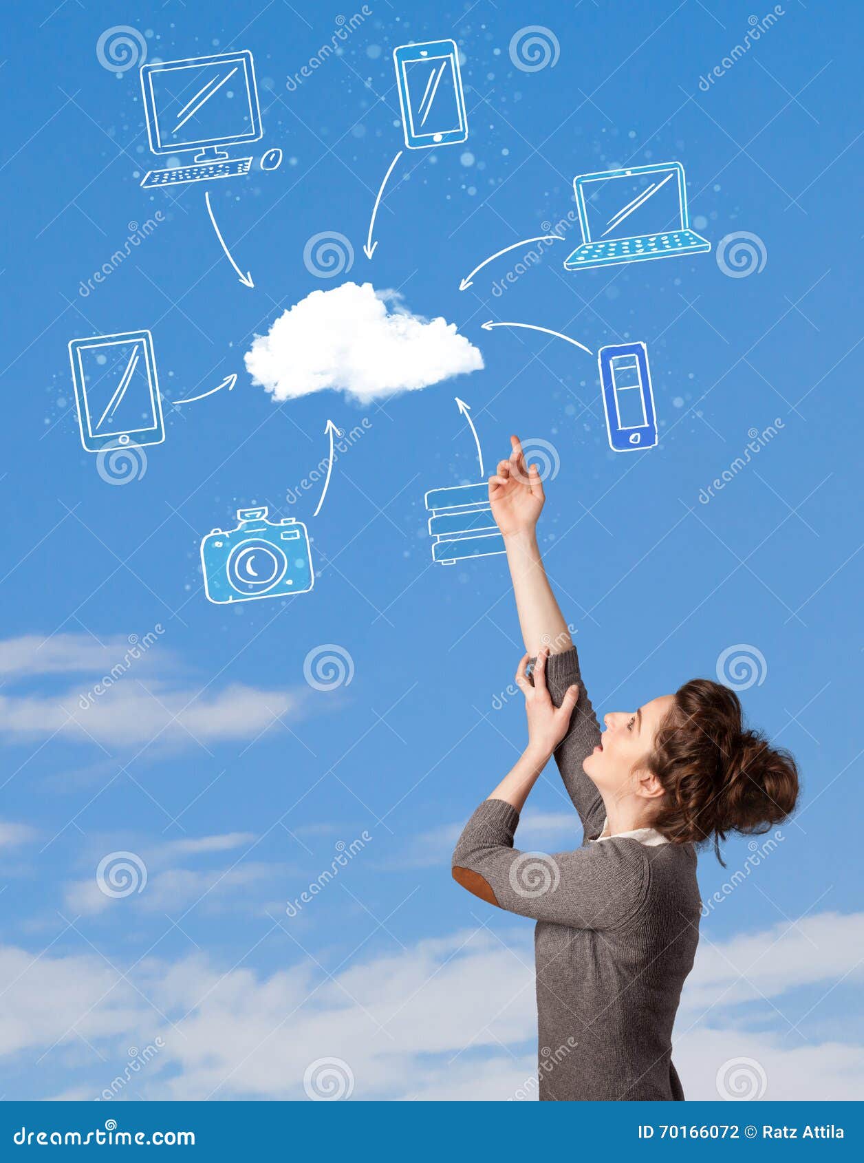 Casual Girl Looking at Cloud Computing Concept on Blue Sky Stock Photo ...