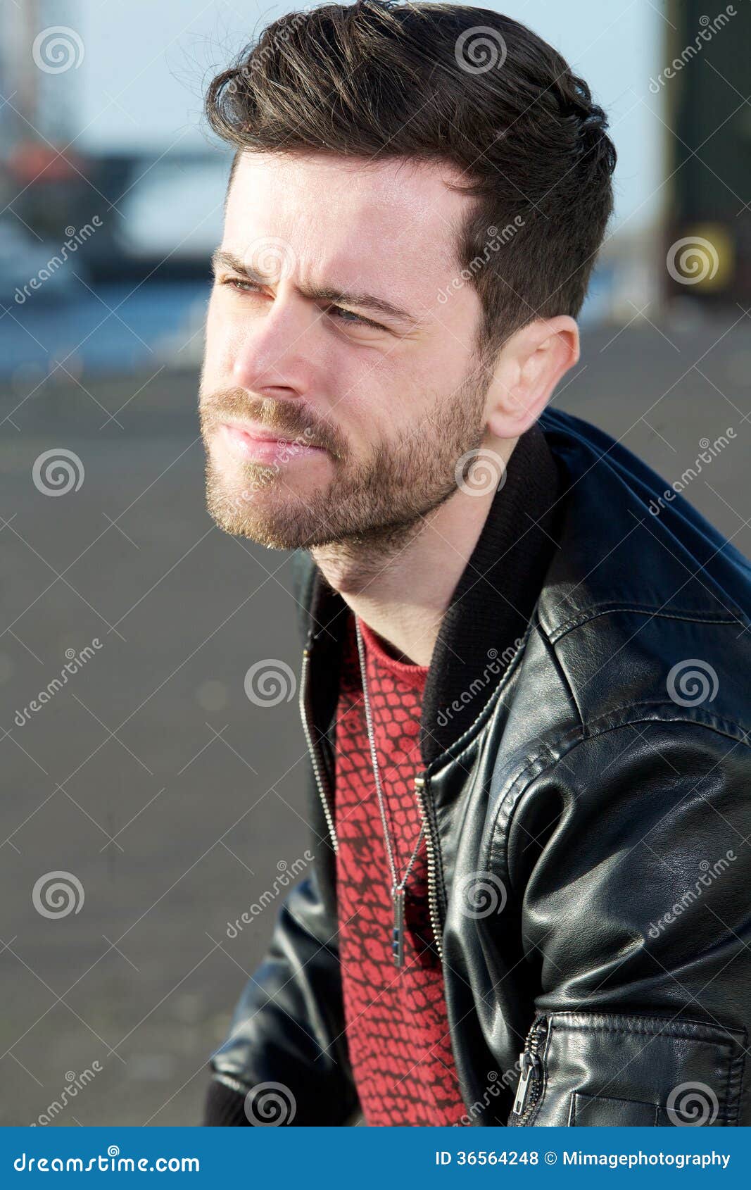 Casual Guy Grinning Outdoors with Black Jacket Stock Photo - Image of ...