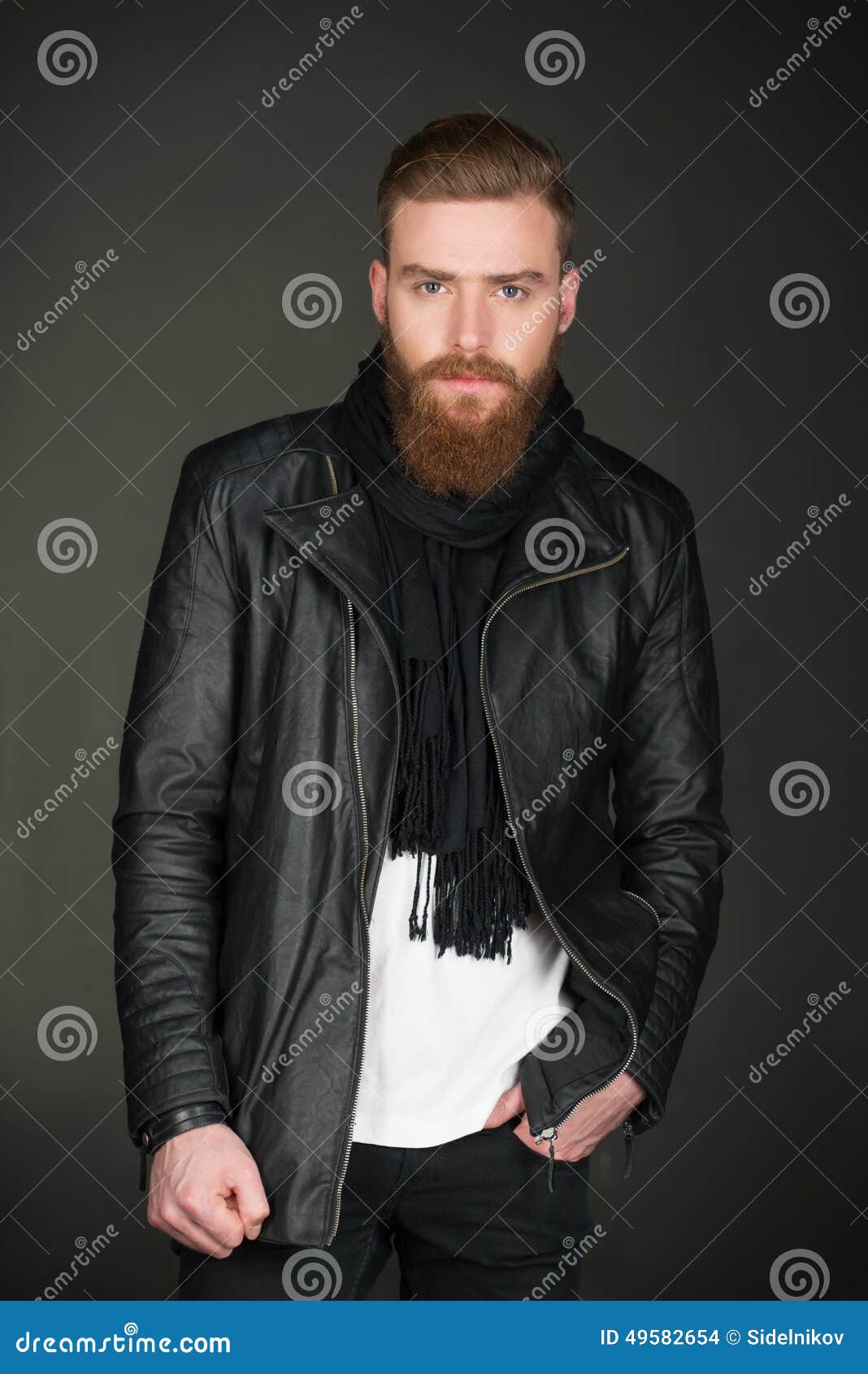 Casual Man with Beard Wearing Leather Jacket Stock Photo - Image of ...