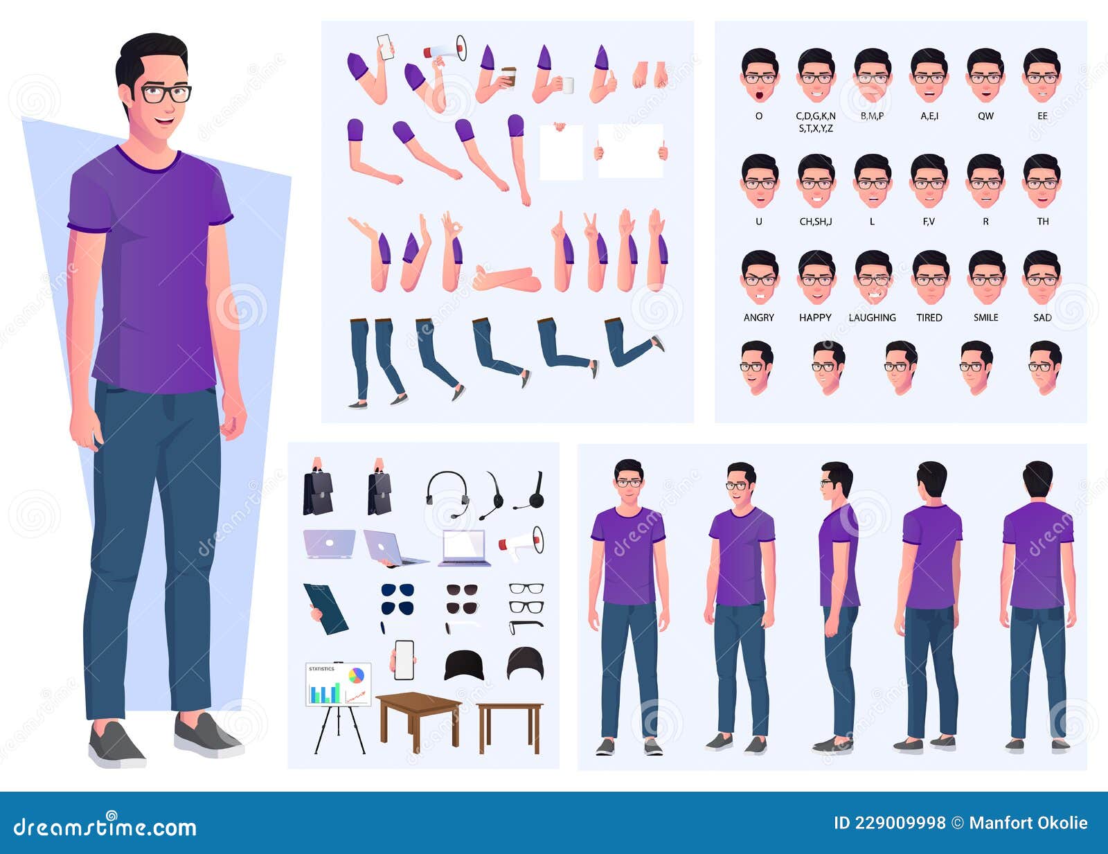 Casual Man Character Creation Set with Hand Gestures and Accessories ...