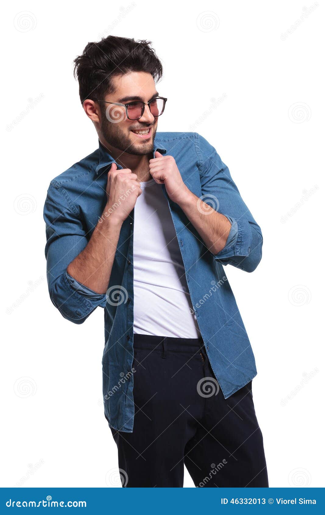 Casual Man Fixing His Collar Stock Image - Image of beard, collar: 46332013
