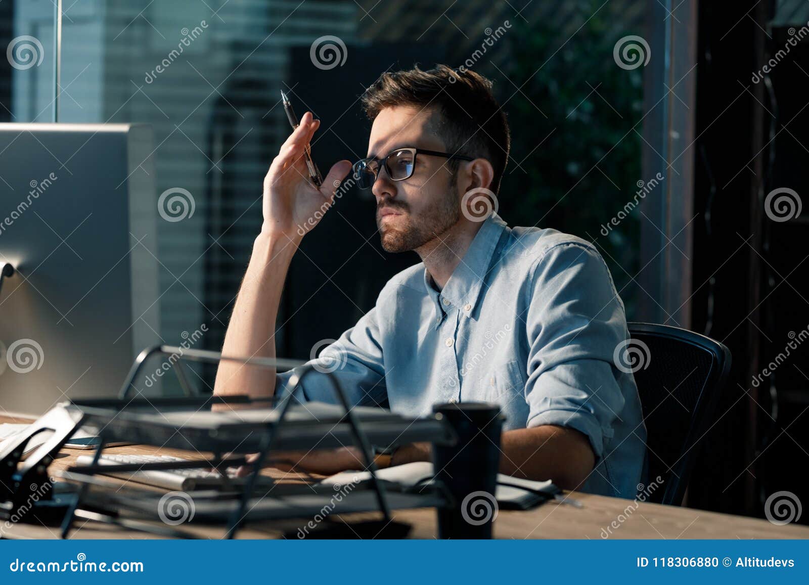 Exhausted Young Man in Office Working Late Stock Photo - Image of ...