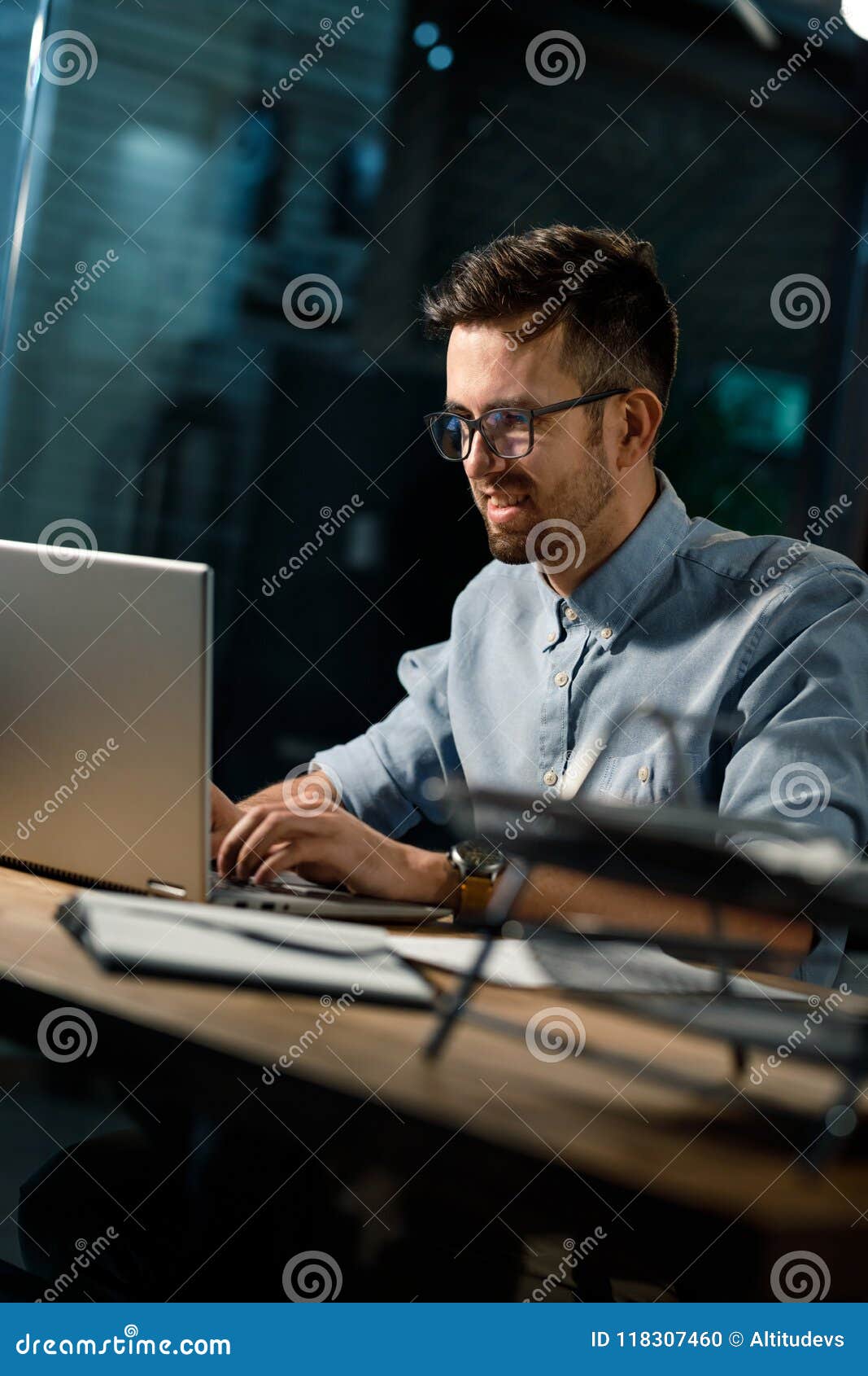 Content Man Working on Laptop in Office Stock Photo - Image of ...
