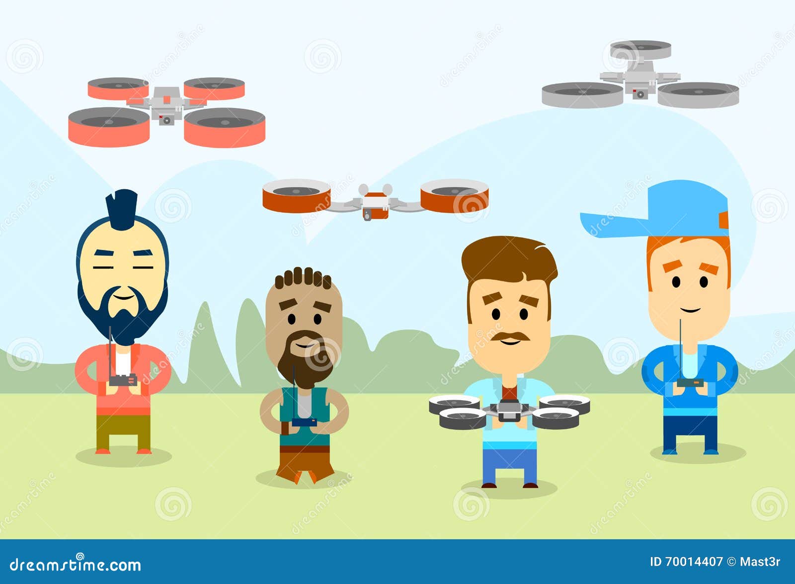 Casual Man Group with Drone Video Camera Remote Control Aerial Shoot ...