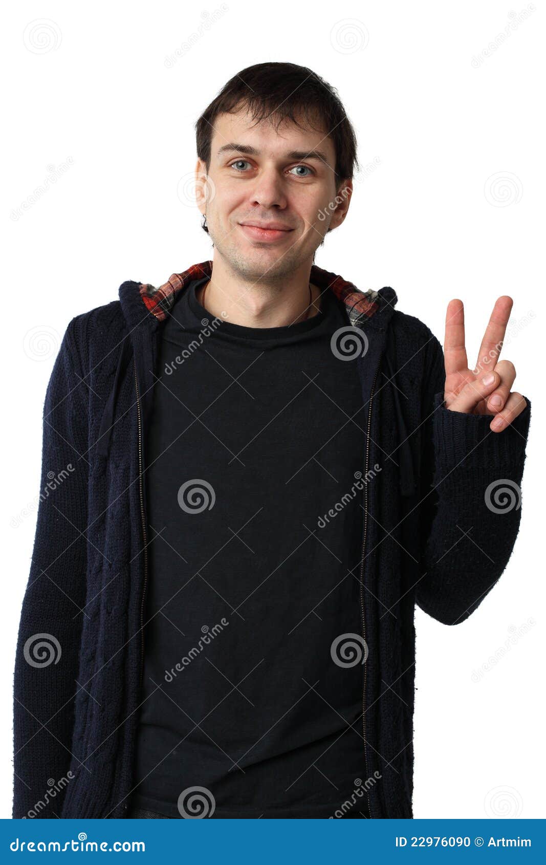 Casual Man Making Peace Gesture Stock Photo - Image of fingers ...