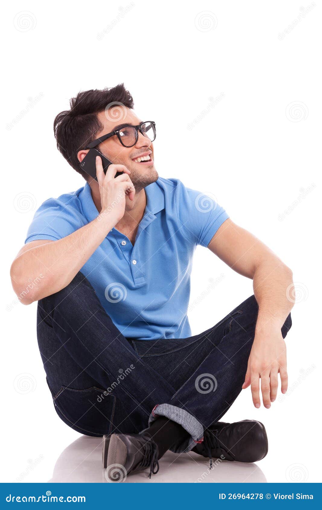 Casual Man on the Phone, Looks Up Stock Photo - Image of listen, face ...
