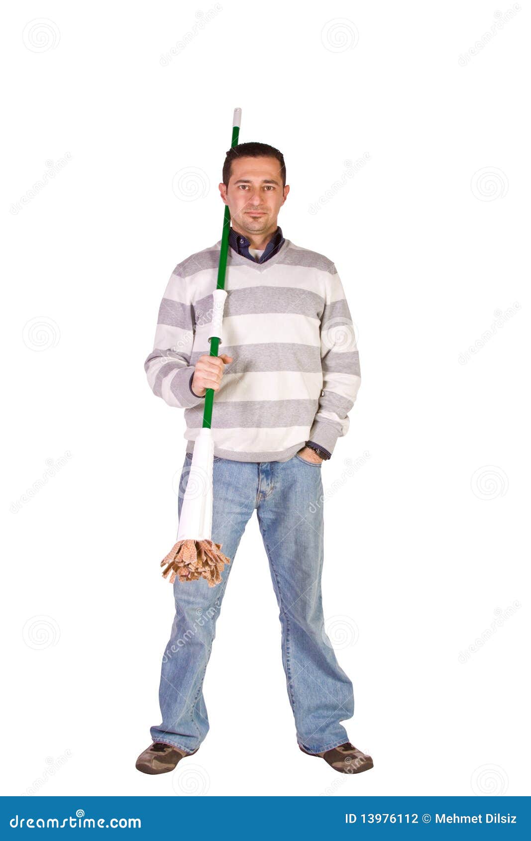Casual Man Posing with a Sweeper Stock Photo - Image of cleaning ...