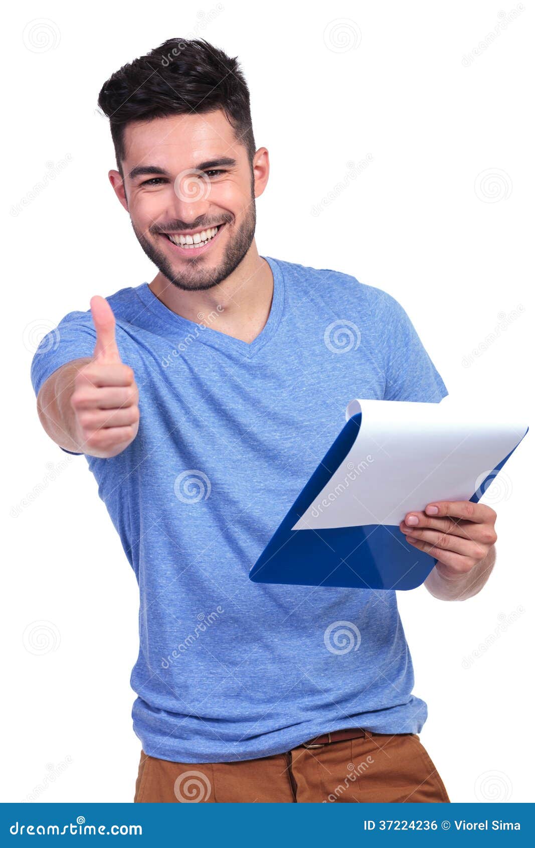 Casual Man Reading on Notepad and Making Ok Stock Photo - Image of male ...