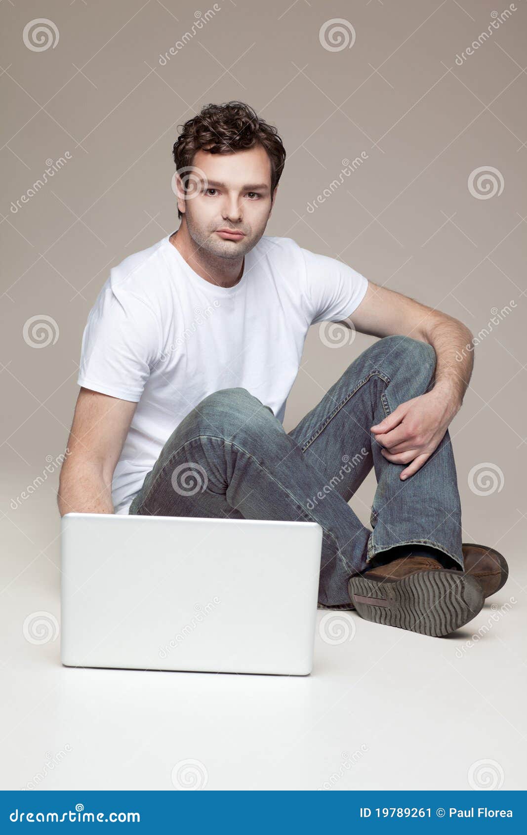 Casual Man Sitting Behind Blanck Laptop Stock Image - Image of internet ...
