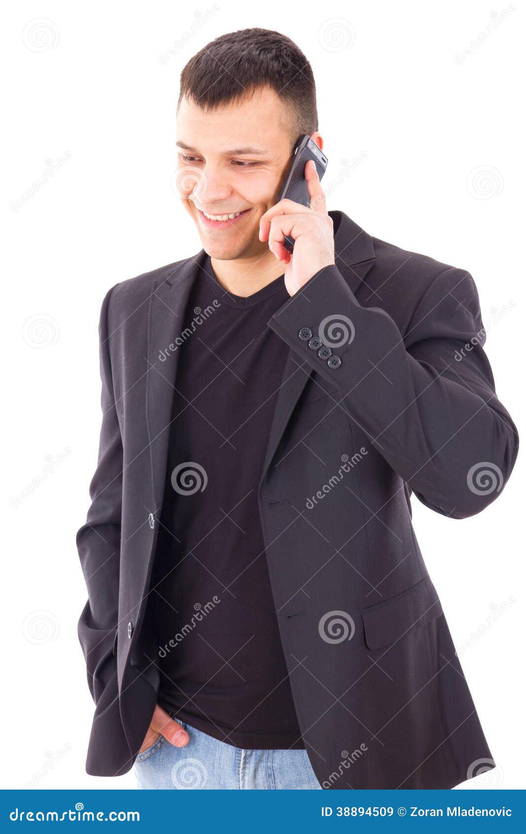 Casual Man in a Suit Talking Over Mobile and Smiling Stock Image ...