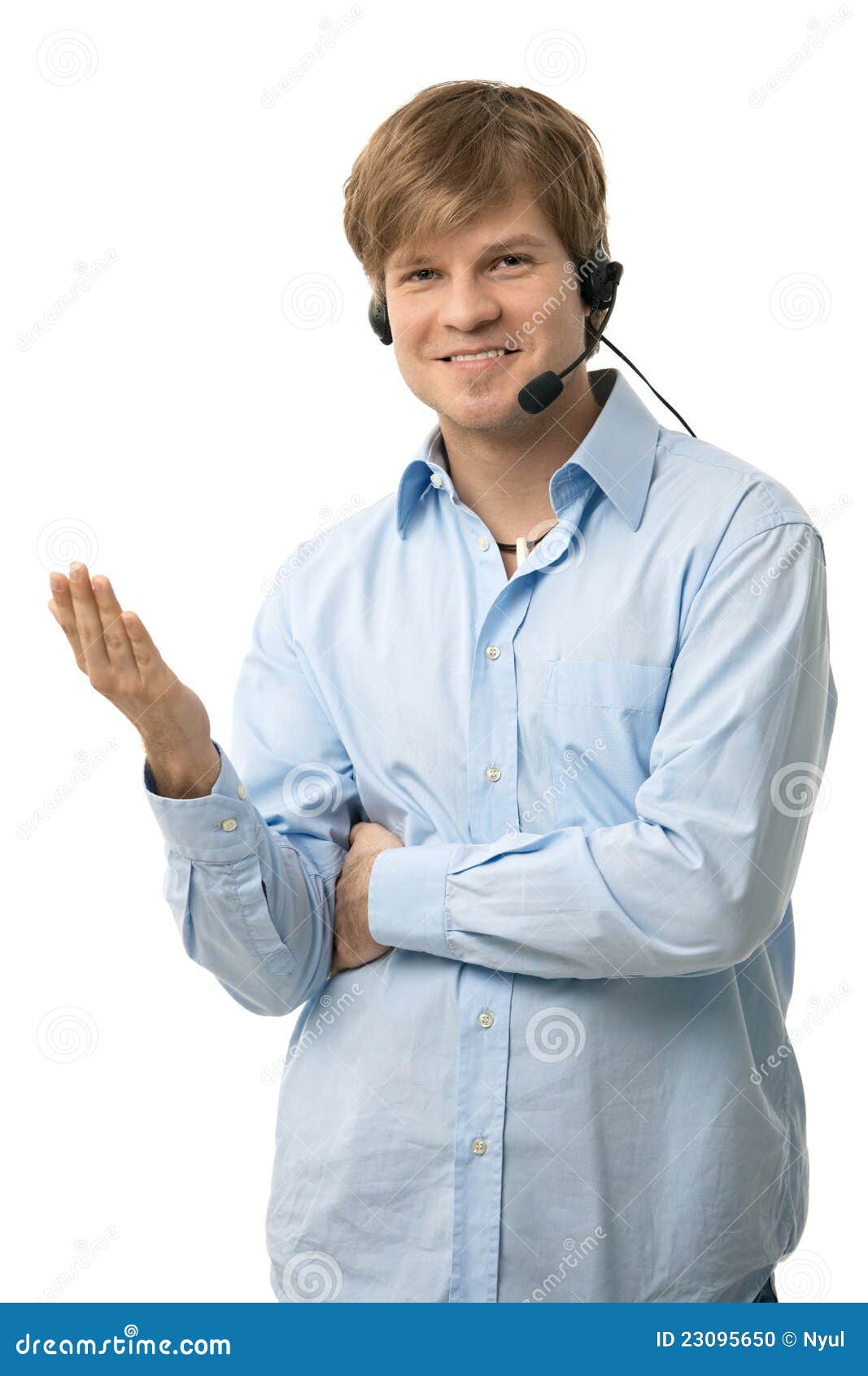 Casual Man Talking on Headset Stock Photo - Image of hand, clothing ...