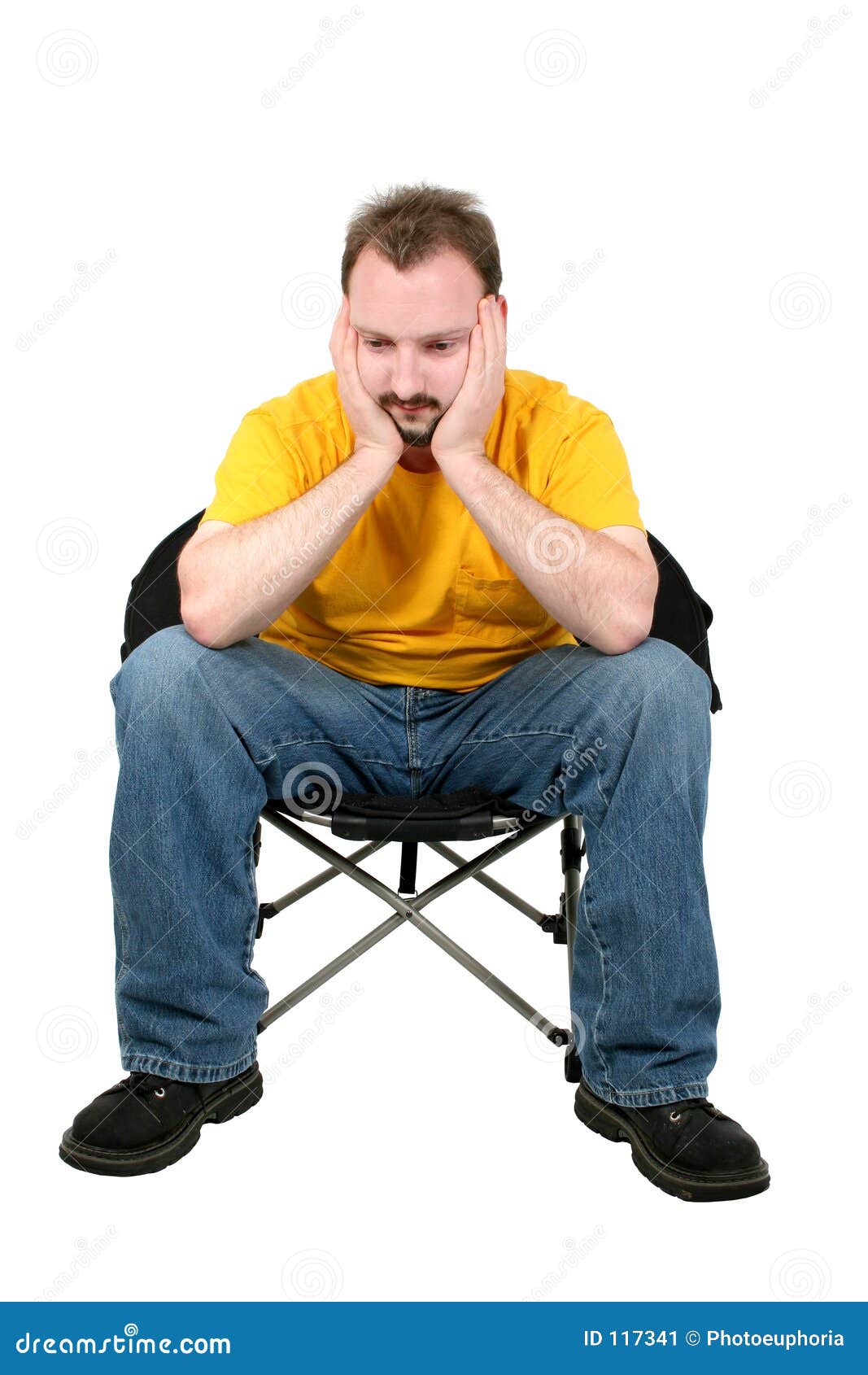 Casual Man Upset Sitting in Chair Over White Stock Image - Image of ...
