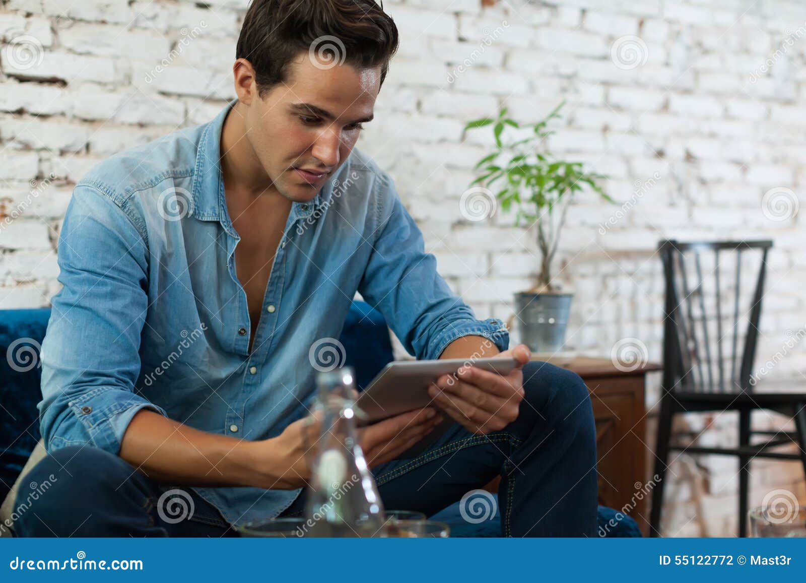 Casual Man Using Tablet Computer Smile Stock Photo - Image of authentic ...