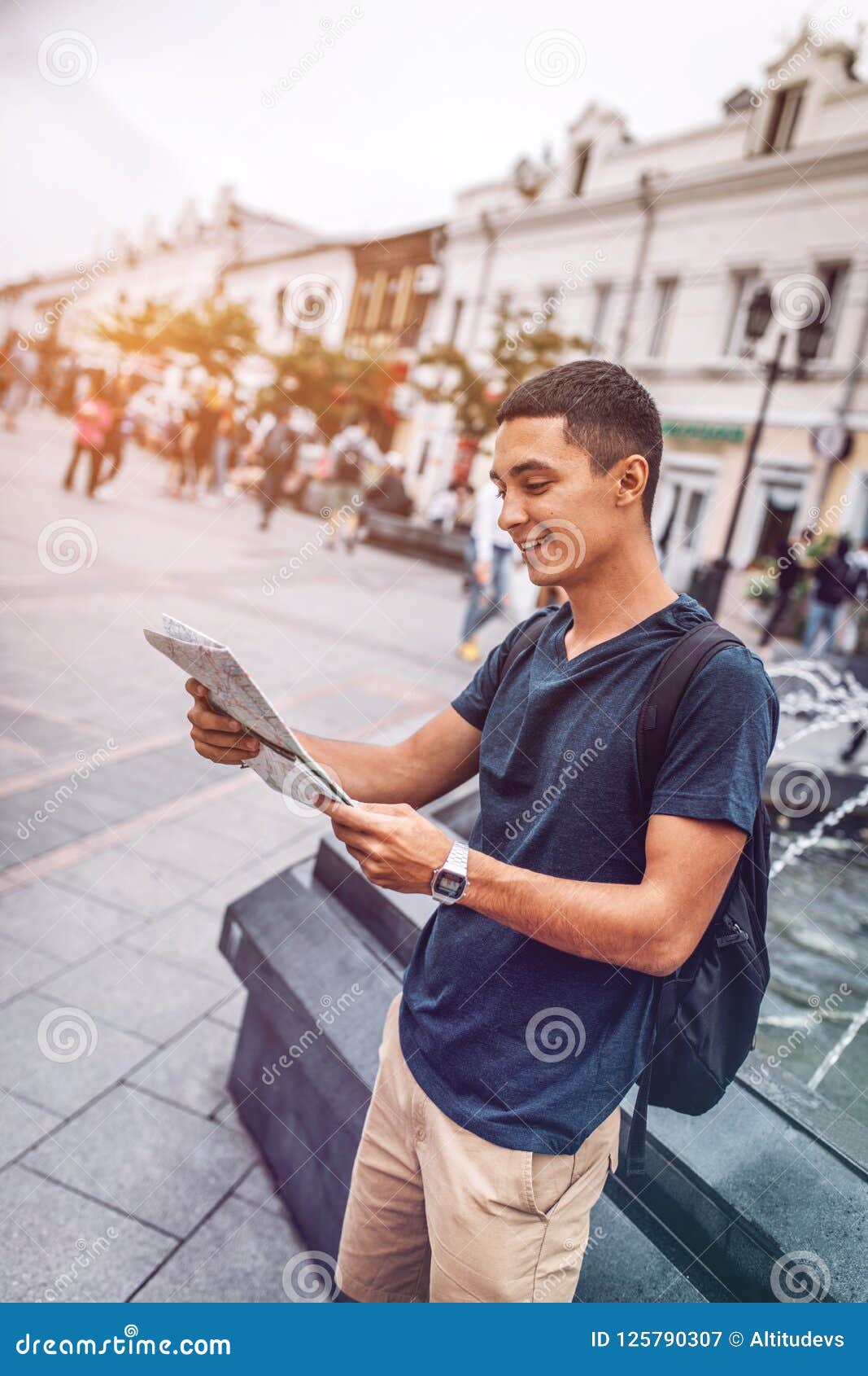 Smiling Man Exploring Map on City Street Stock Image - Image of summer ...