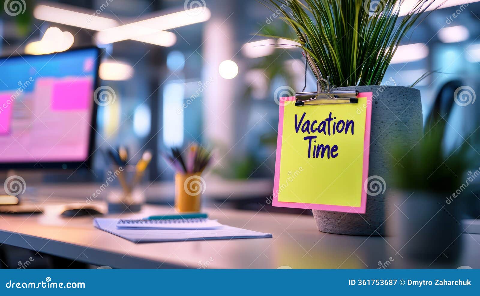 Casual Office Desk Setup with a Colorful Sticky Note Reading Vacation ...